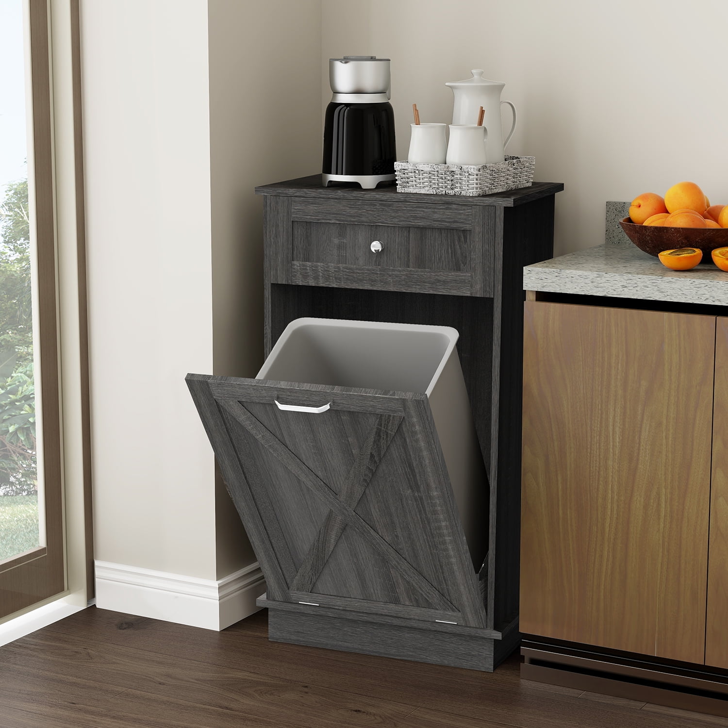 Elecwish Tilt Out Trash Cabinet, Gray Wooden 10 Gallon Hidden Garbage ...