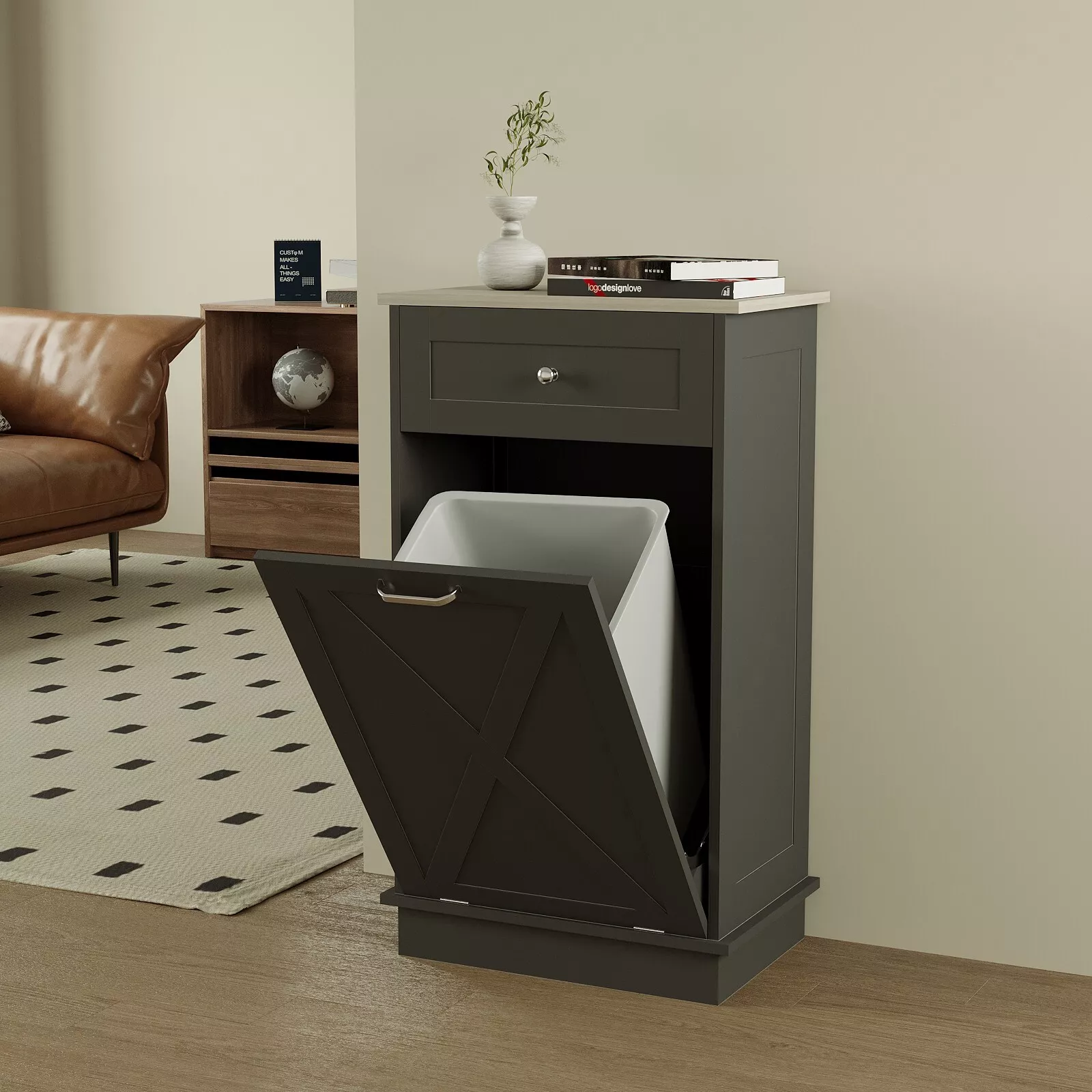 ELECWISH Tilt Out Trash Cabinet, Upgrade Wooden Free Standing Trash ...