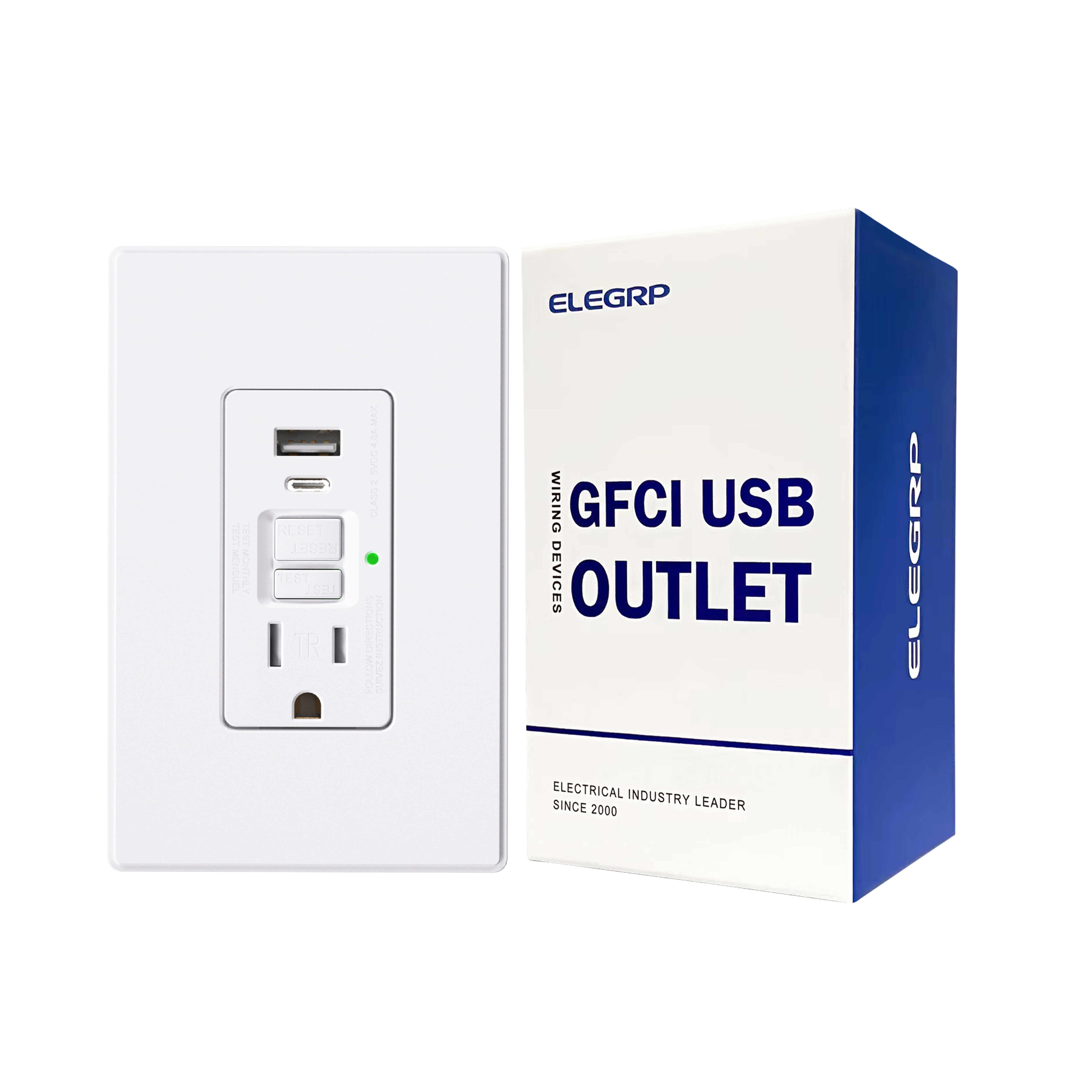 ELEGRP 15 Amp Tamper Resistant Self-Test GFCI Outlet & 24W In-Wall USB ...