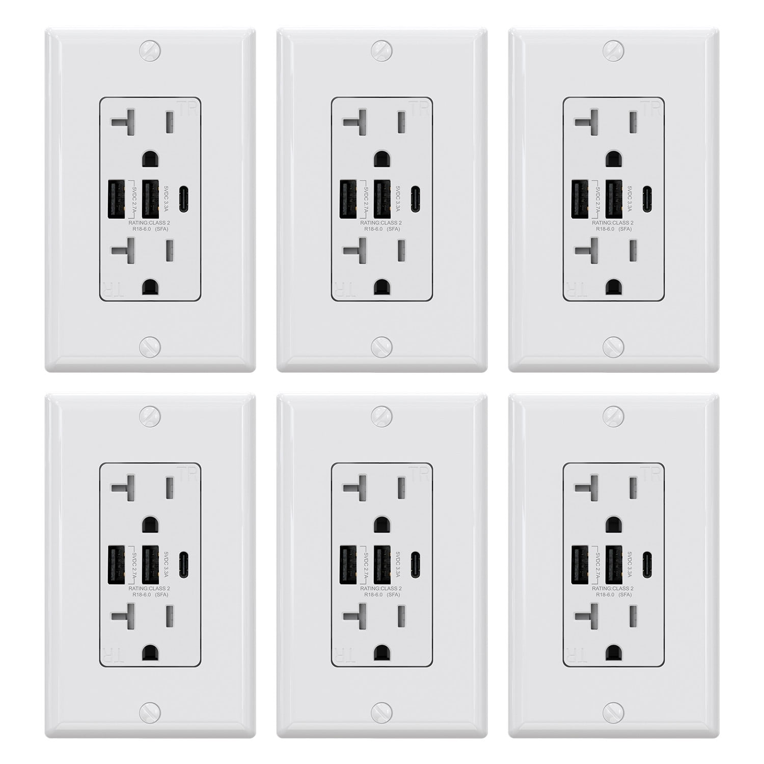 ELEGRP 30W 20A 3-Port USB Wall Outlet, Type C & Dual Type A, White (6 ...