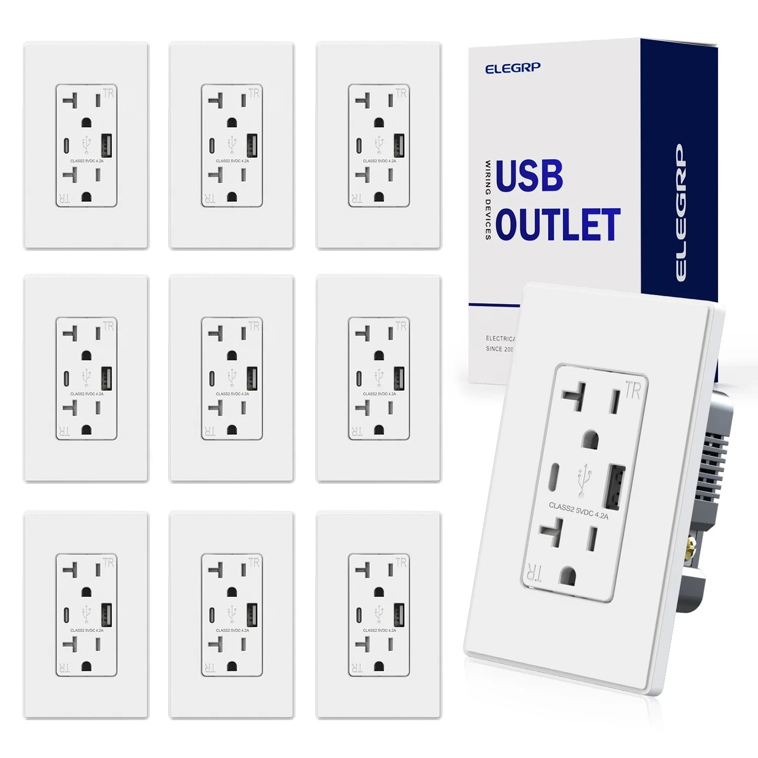 ELEGRP USB Charger Wall Outlet, USB Receptacle with Type A & Type C USB Ports, 20 Amp Duplex ...