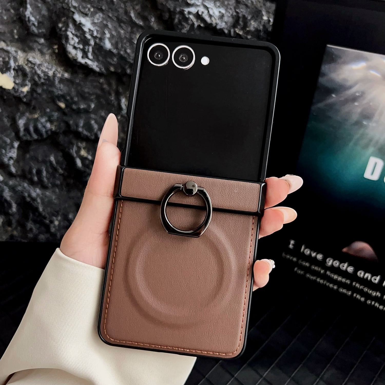 ELEHOLD Faux Leather Case for Motorola Razr 2024 2025 with Ring Holder, Shock-Absorbent Non-Slip ...