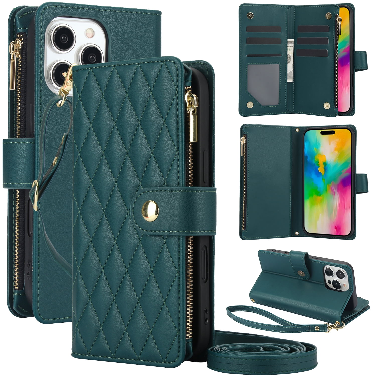 ELEHOLD Premium Leather Wallet Case For iPhone 13 Pro Max, Zipper Folio with 6 Card Slots Cash ...