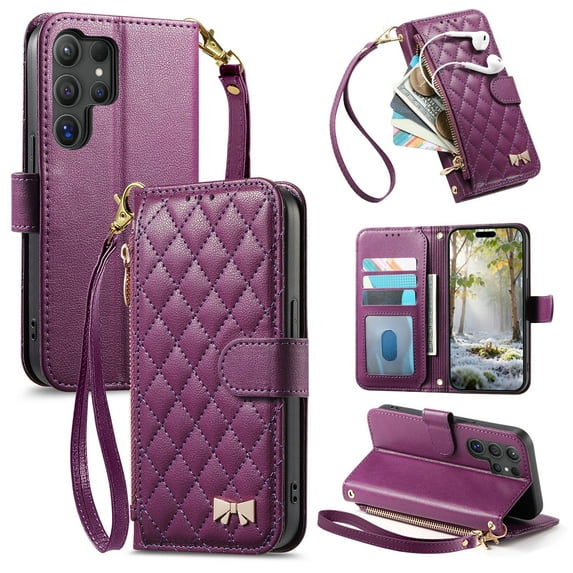 ELEHOLD For Samsung Galaxy S24 Ultra Flip Zipper Leather Wallet Case w ...