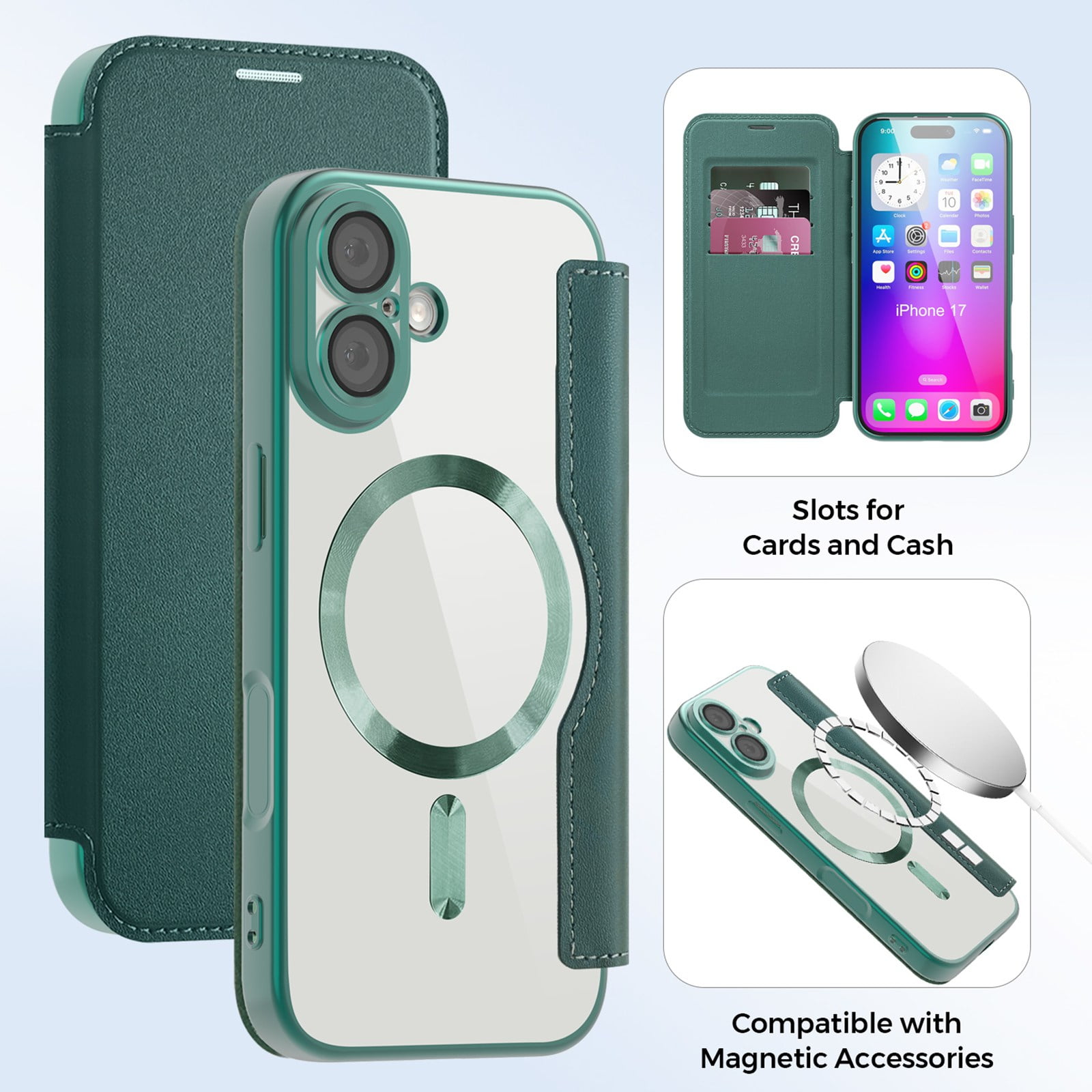 ELEHOLD Wallet Magnetic Case for iPhone 17 With Lens Film Transparent ...