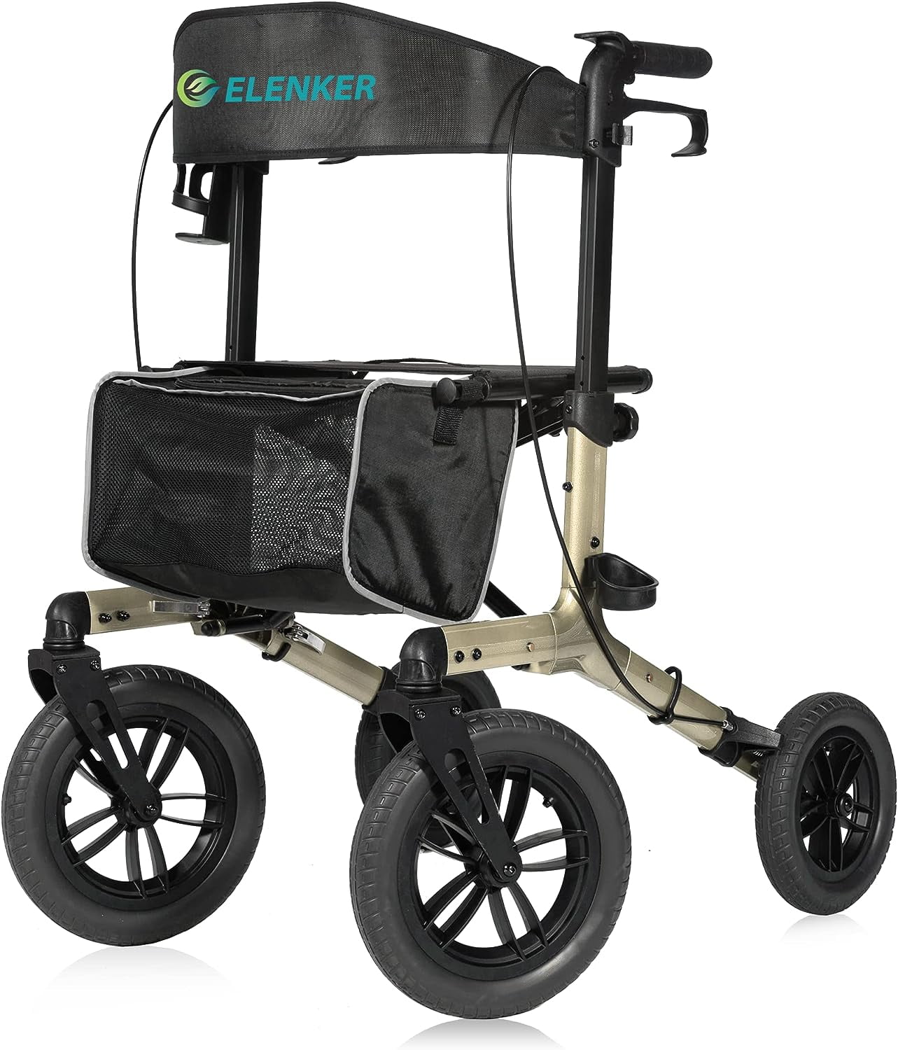 ELENKER All-Terrain Folding Rollator Walker with 12" Rubber Front ...