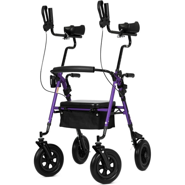ELENKER Upright Rollator Walker, All-Terrain Stand up Rolling Walker with 10" PU Wheels for ...