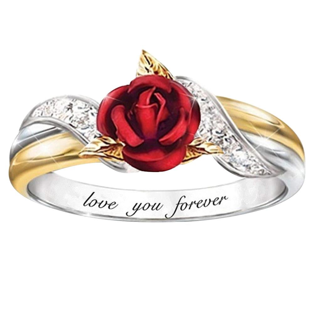 ELENXS Women Rose Ring Diamond Inlaid Ring Two Tone Ring Rose Flower ...
