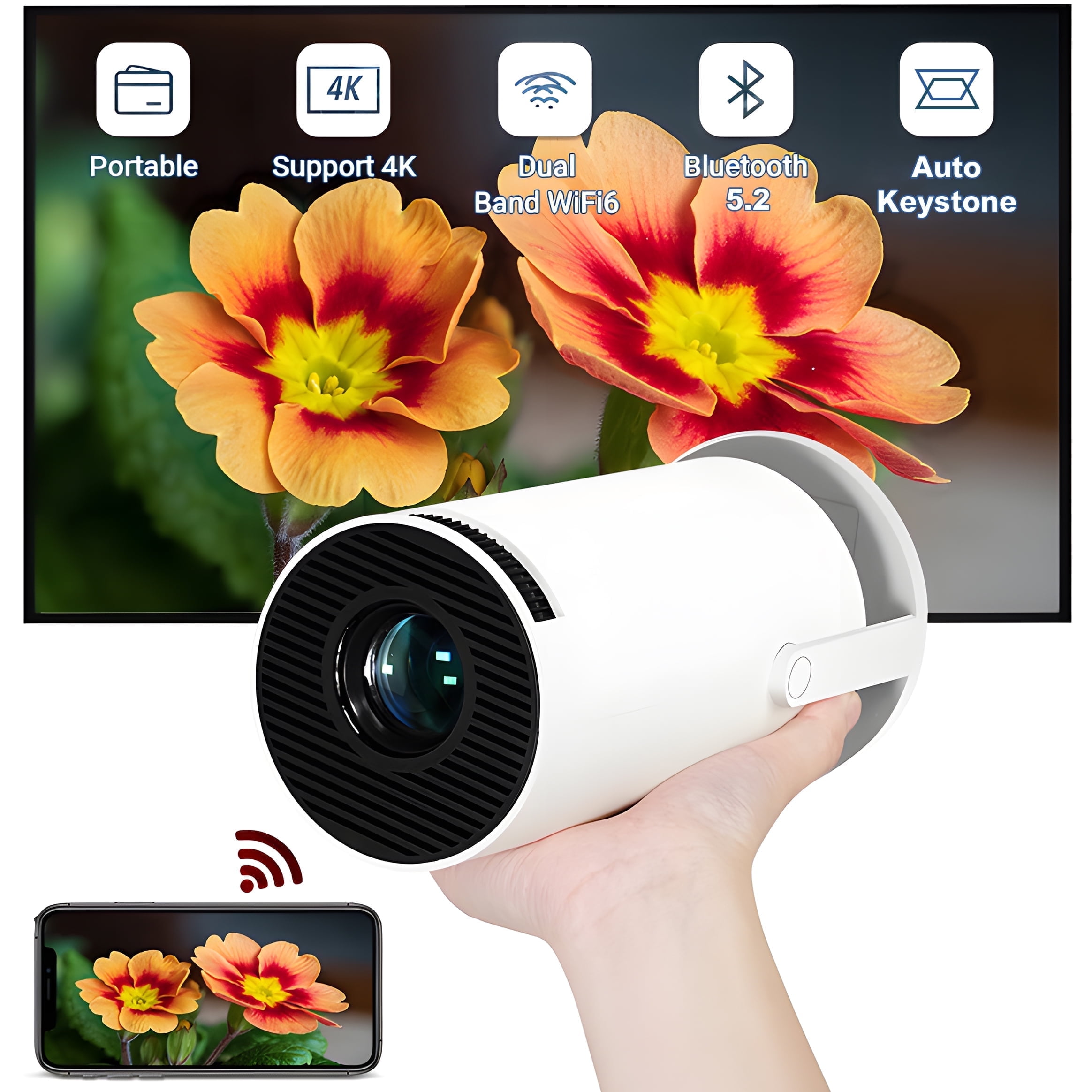 Elephas 4k Mini Projector Wifi Bluetooth 1080p Hd Portable Outdoor Cinema White