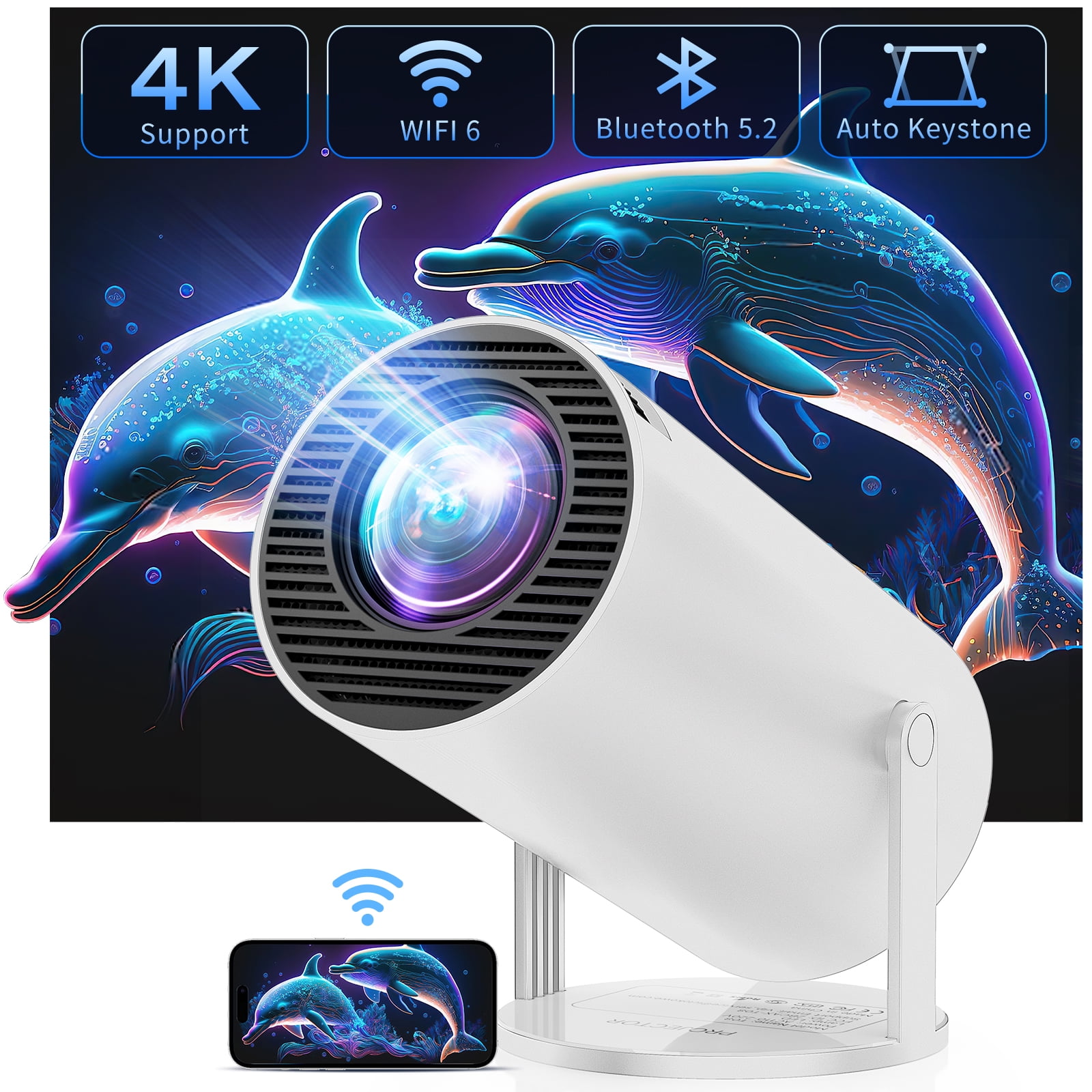ELEPHAS 4K Mini Projectors Wifi6 Portable Projector 180°Rotatable Smart ...