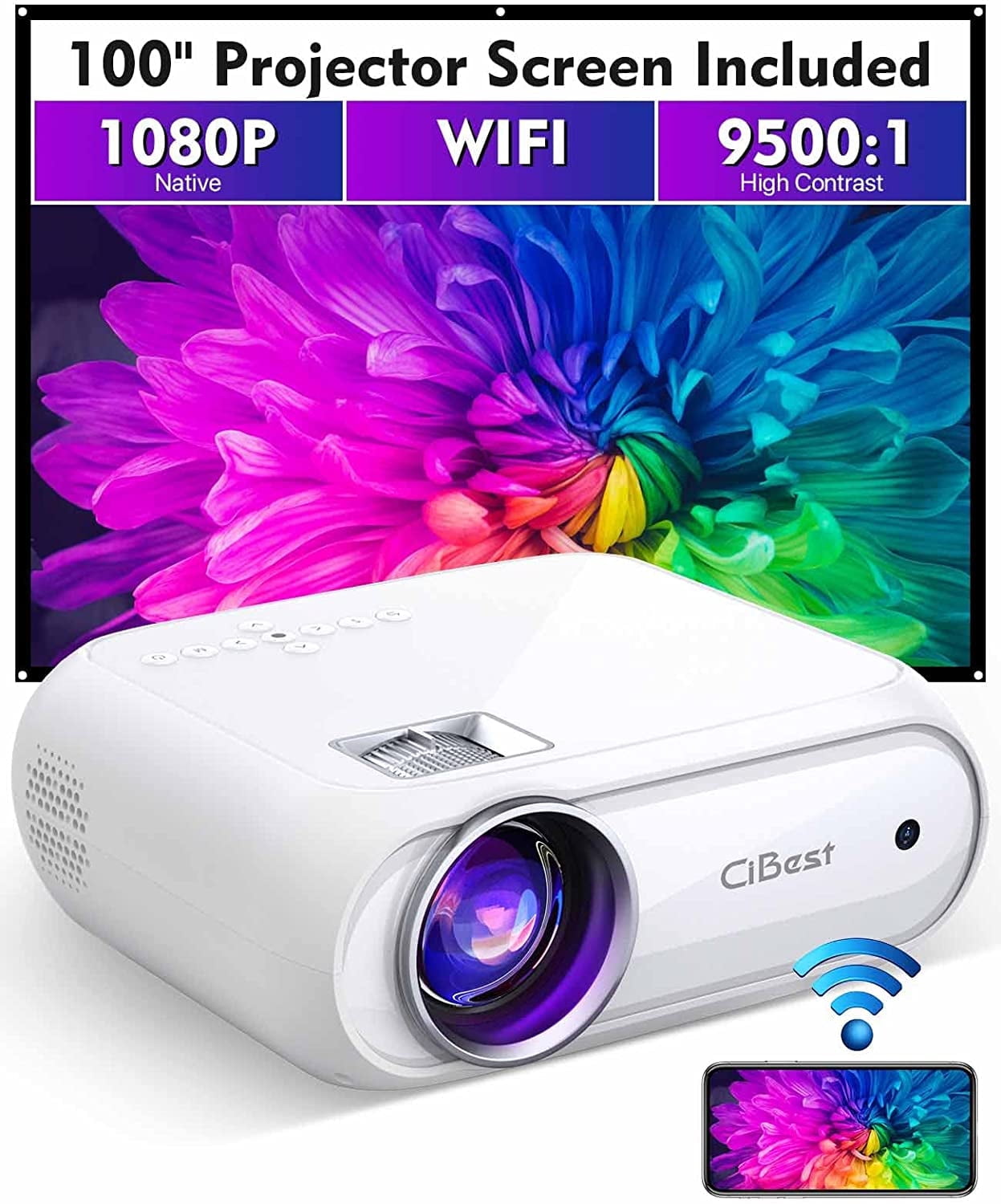 ELEPHAS Movie Projector Native 1080P (With Projection Screen), LED ...