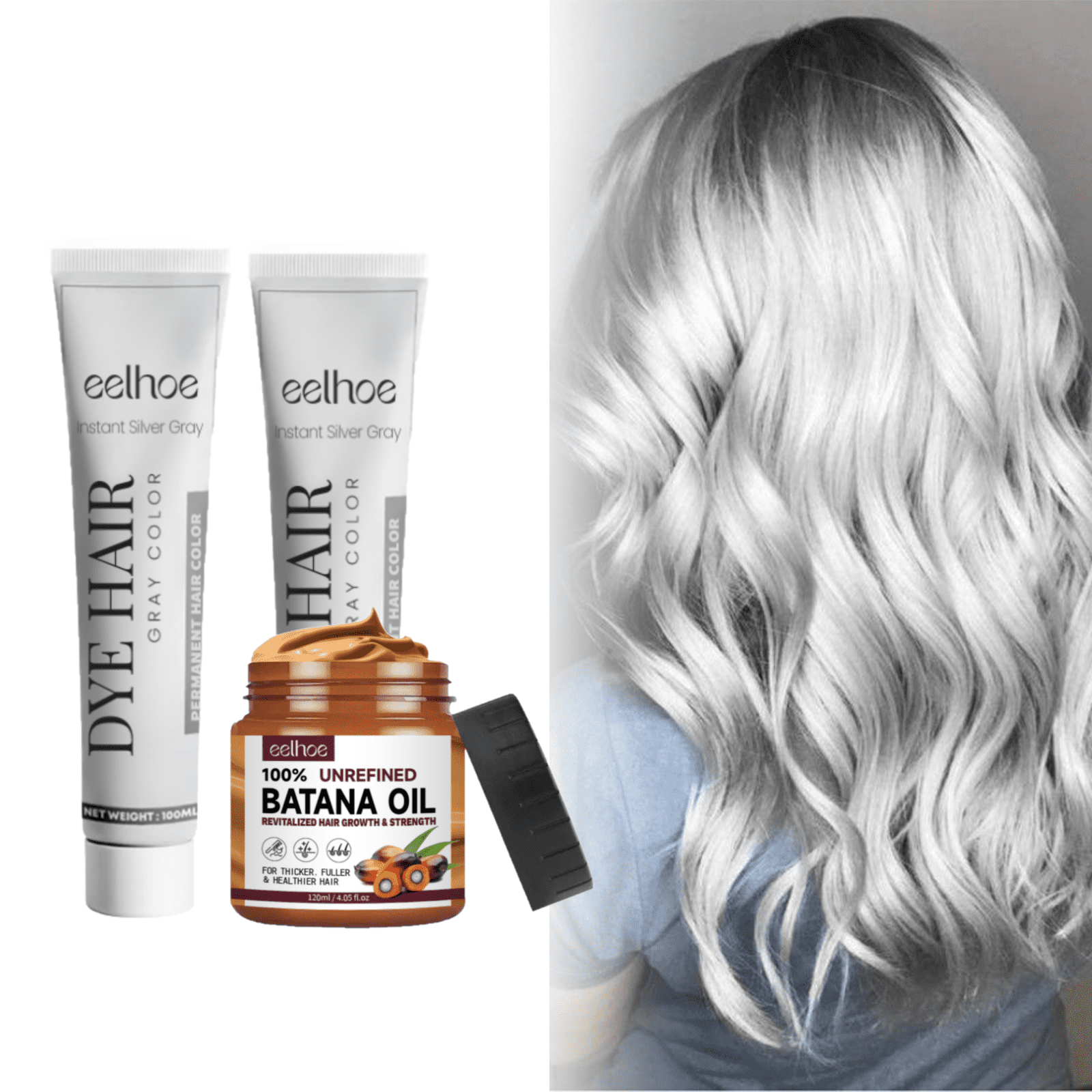 ELEWELT Silver Gray Natural Hair Dye Cream + Hair Oil Conditioner Set ...