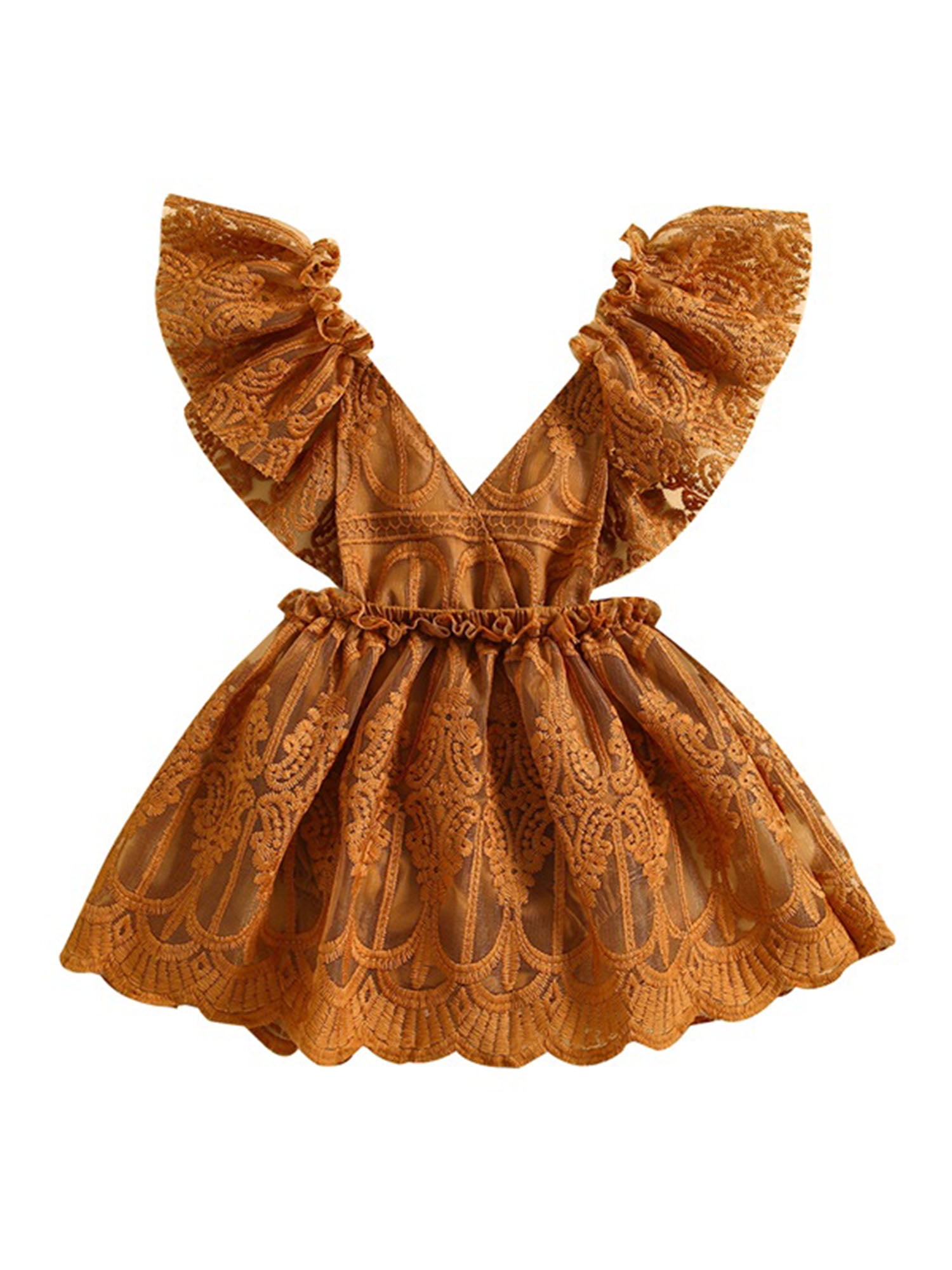 ELF Baby Girl Lace Romper Dress Sleeveless V Neck Elastic Waist Ruffle ...