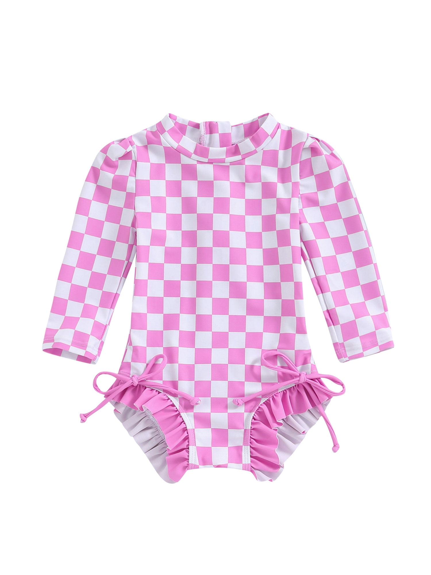 ELF Girls Bikini Beach Swimwear Long Sleeve Checkerboard Print Ruffle ...