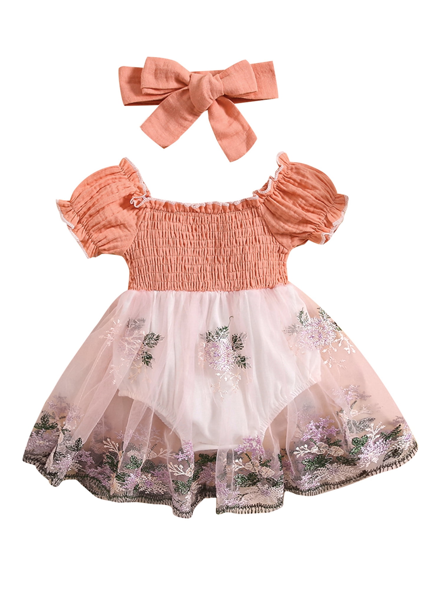 ELF Infant Baby Girl 2 Piece Set Square Neck Short Sleeve Shirred Frill ...