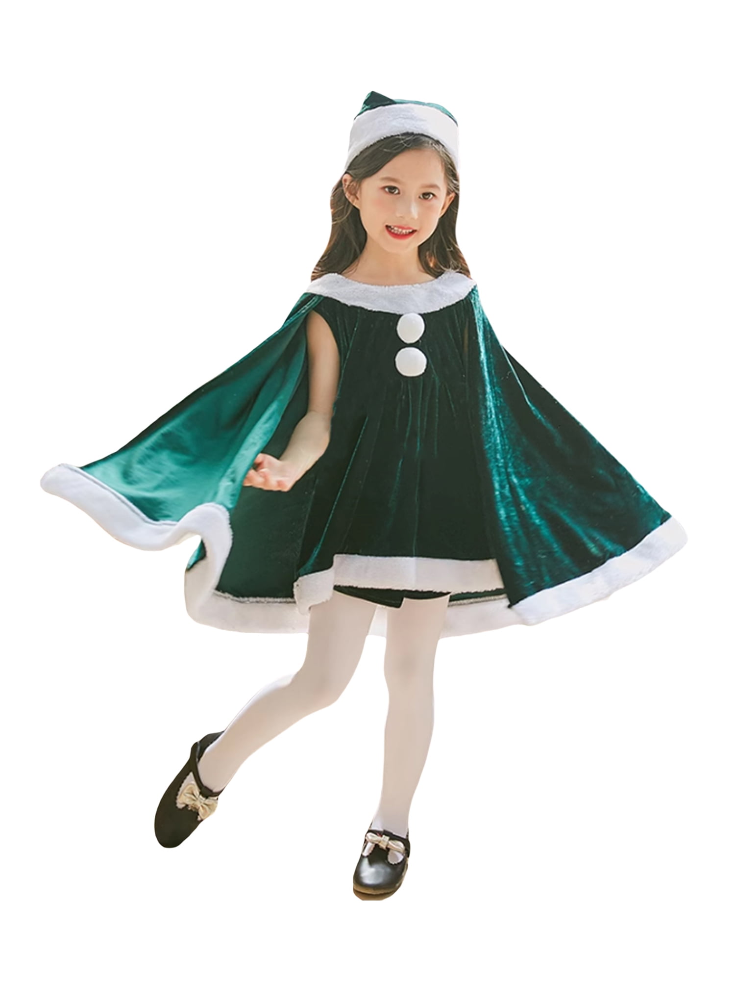 ELF Kids Girls Christmas Costume Santa Shawl Dress and Shorts Cute Hat ...
