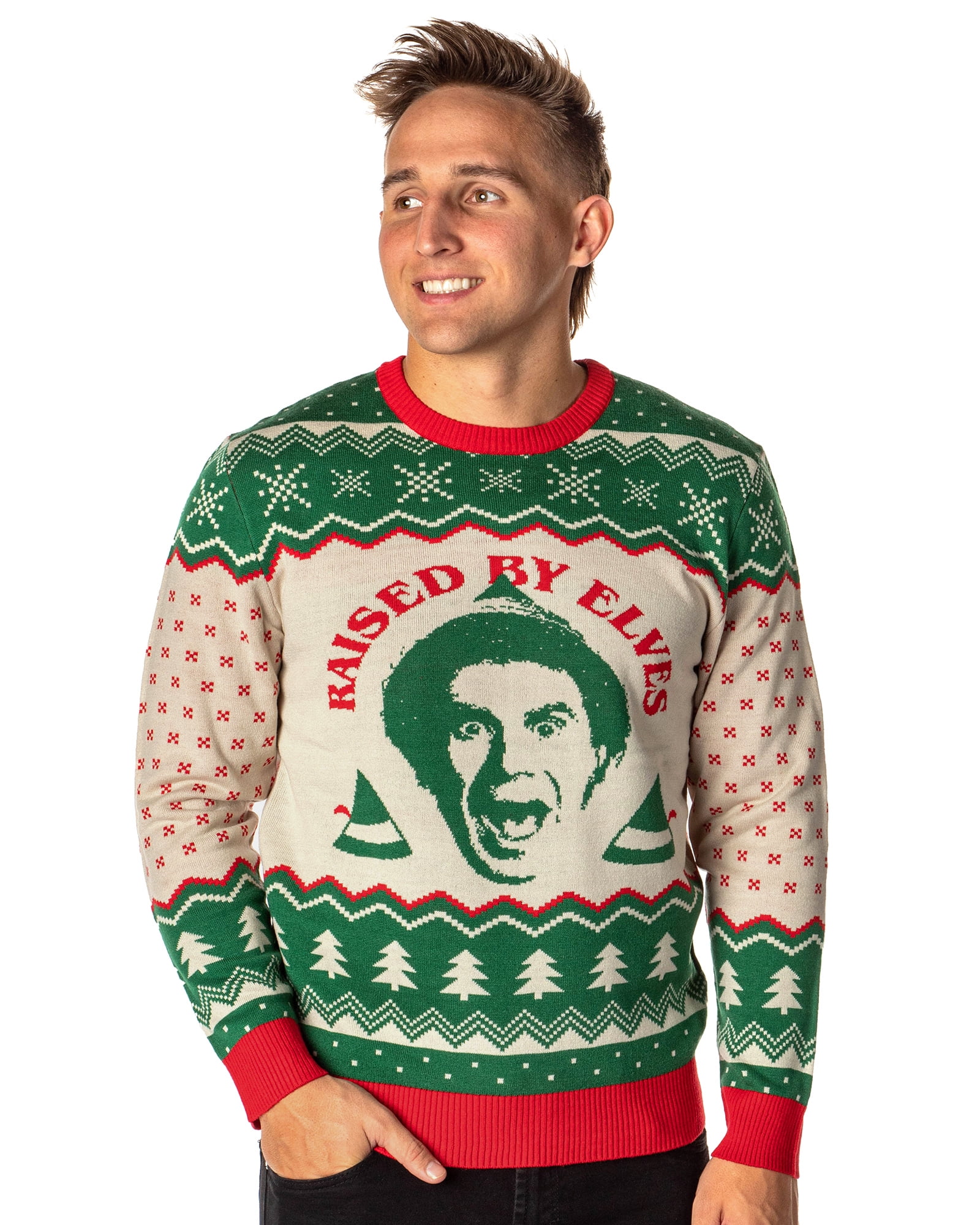 ELF Movie Men's Buddy Ugly Christmas Sweater, Raised By Elves Design ...