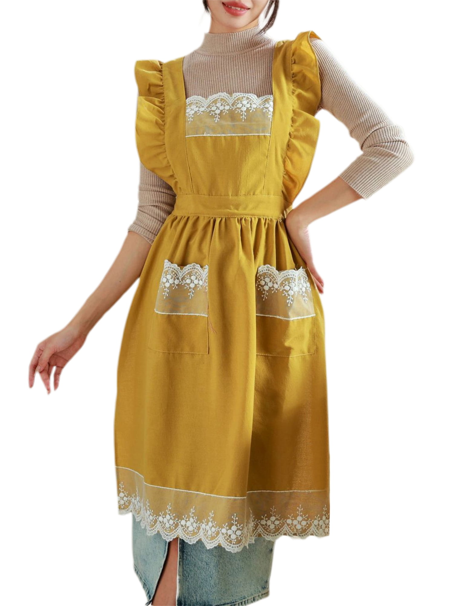 ELF Women Kitchen Aprons Waist Strap Lace Trim Cooking Baking Cleaning ...