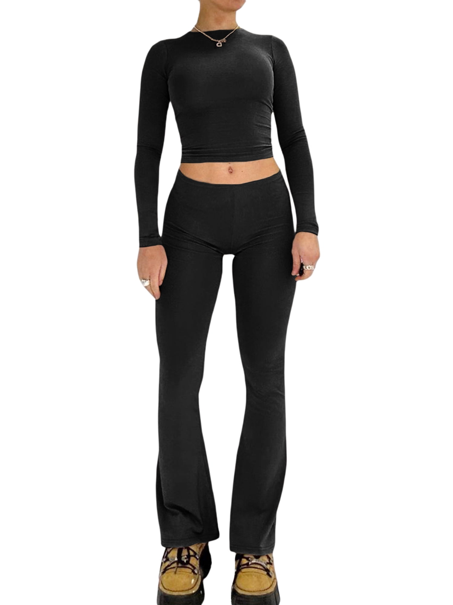 ELF Women's Casual Outfits, Solid Color Long Sleeve Cropped Tops Long ...