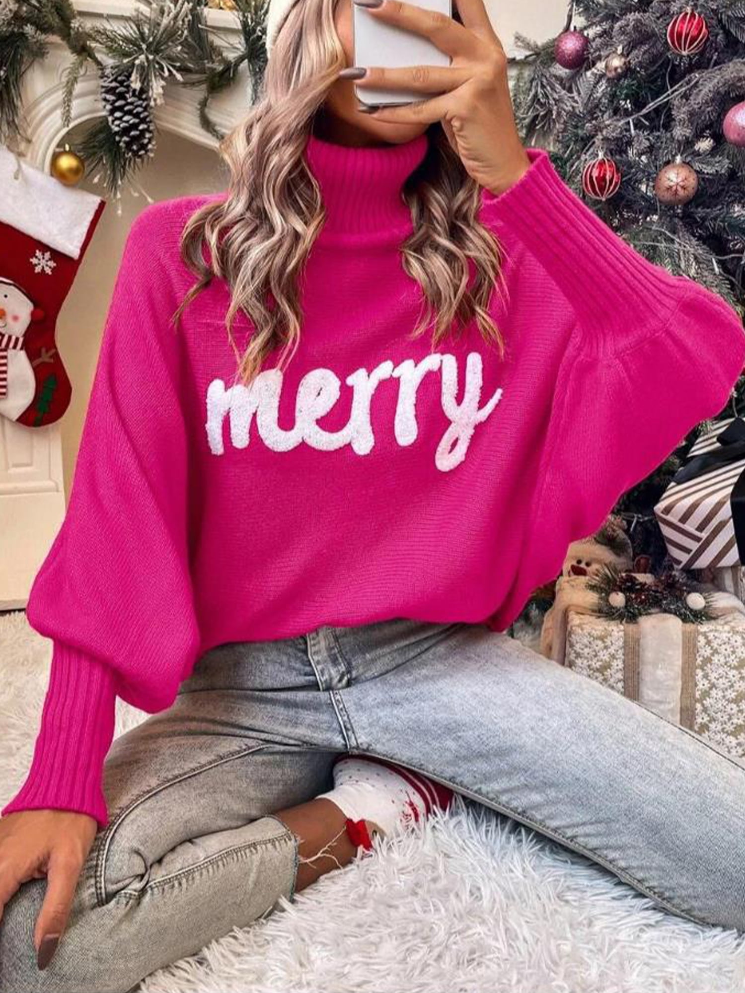 ELF Women's Christmas Sweaters Long Sleeve Turtleneck Letter Embroidery ...