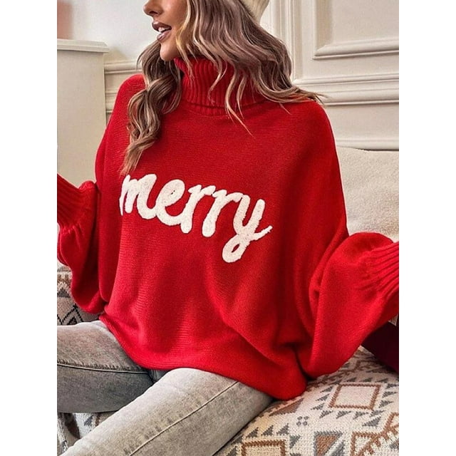ELF Women's Christmas Sweaters Long Sleeve Turtleneck Letter Embroidery ...