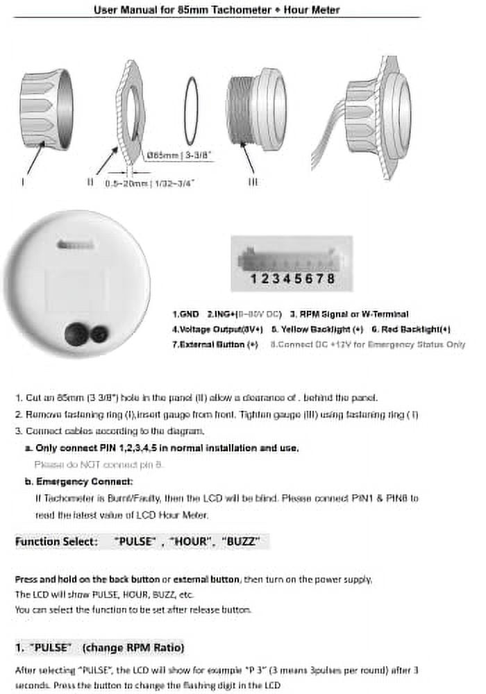 ELING RPM Tachometer Gauge 0-4000RPM with LED Digital Adjustable Hour ...