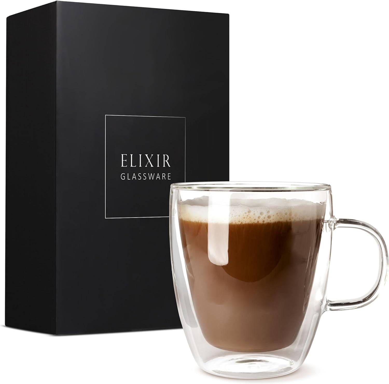 ELIXIR GLASSWARE Large Double Wall Coffee Mug 16 oz - Double Wall Glass 1 pack - Insulated ...