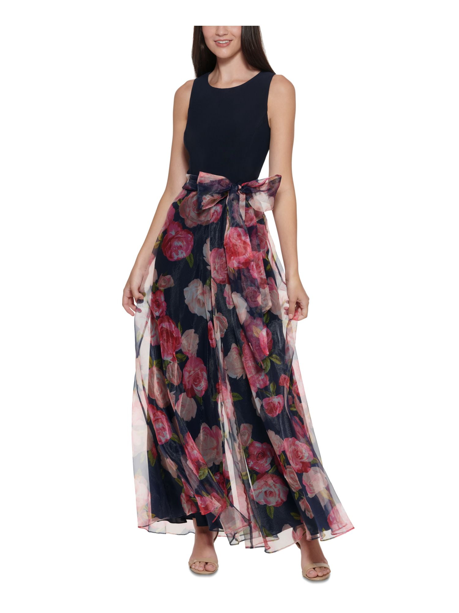 ELIZA J Womens Navy Zippered Belted Darted Organza Overlay Floral ...