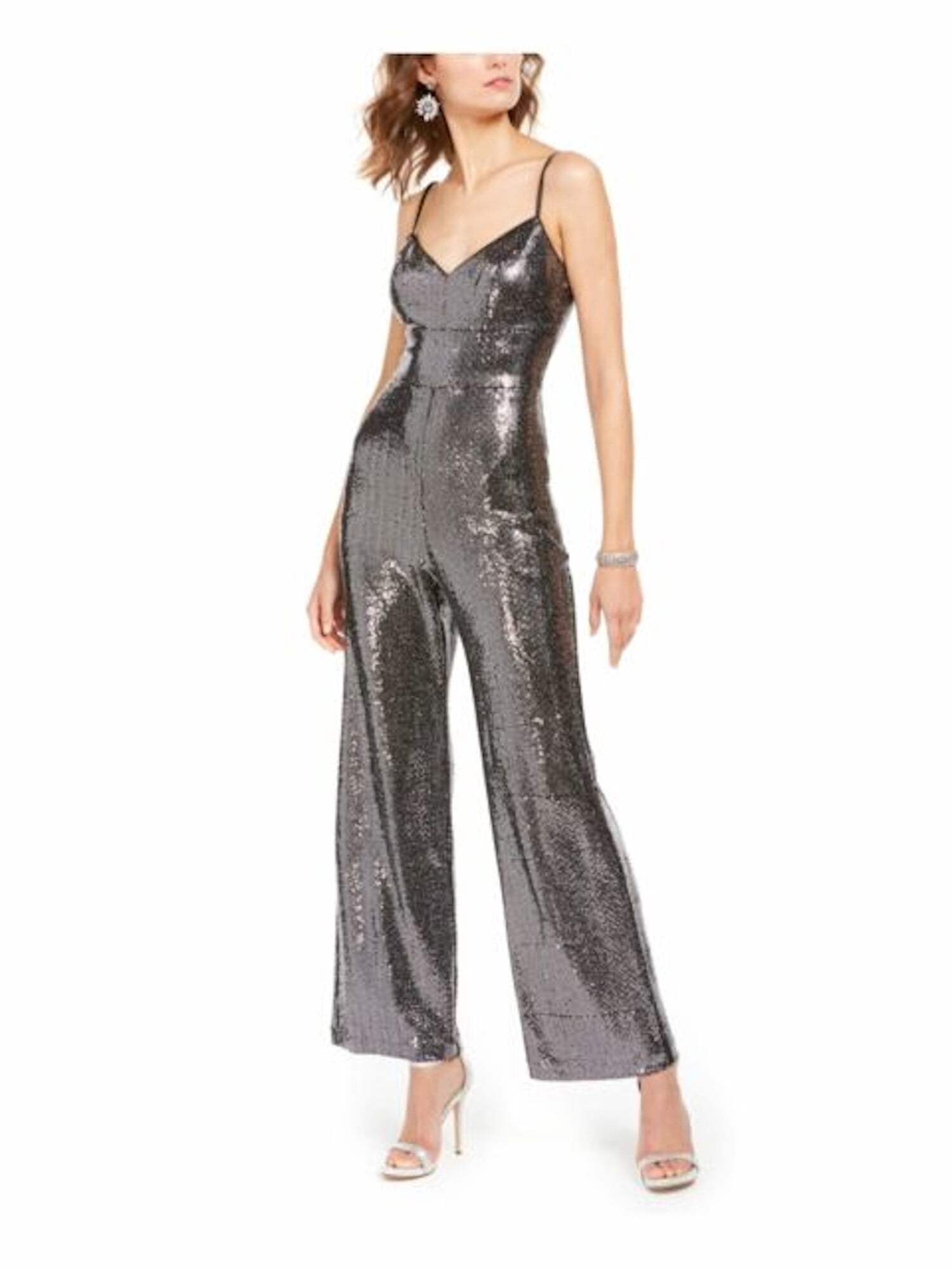 ELIZA J Womens Silver Spaghetti Strap V Neck Wide Leg Evening Jumpsuit ...