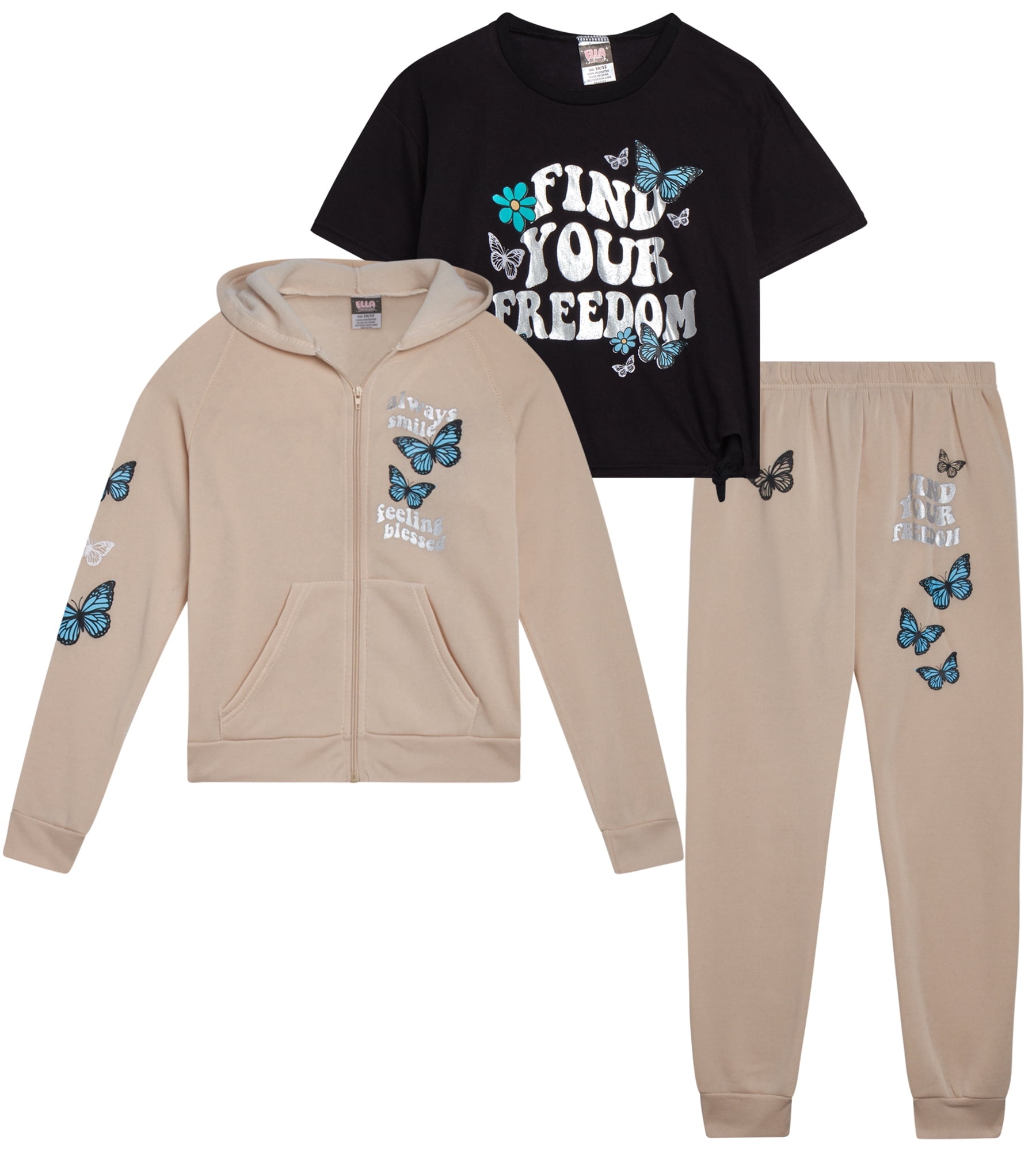 ELLA IN PINK Girls' Sweatsuit Set - 3 Piece Zip Up Hoodie, Graphic Tee ...