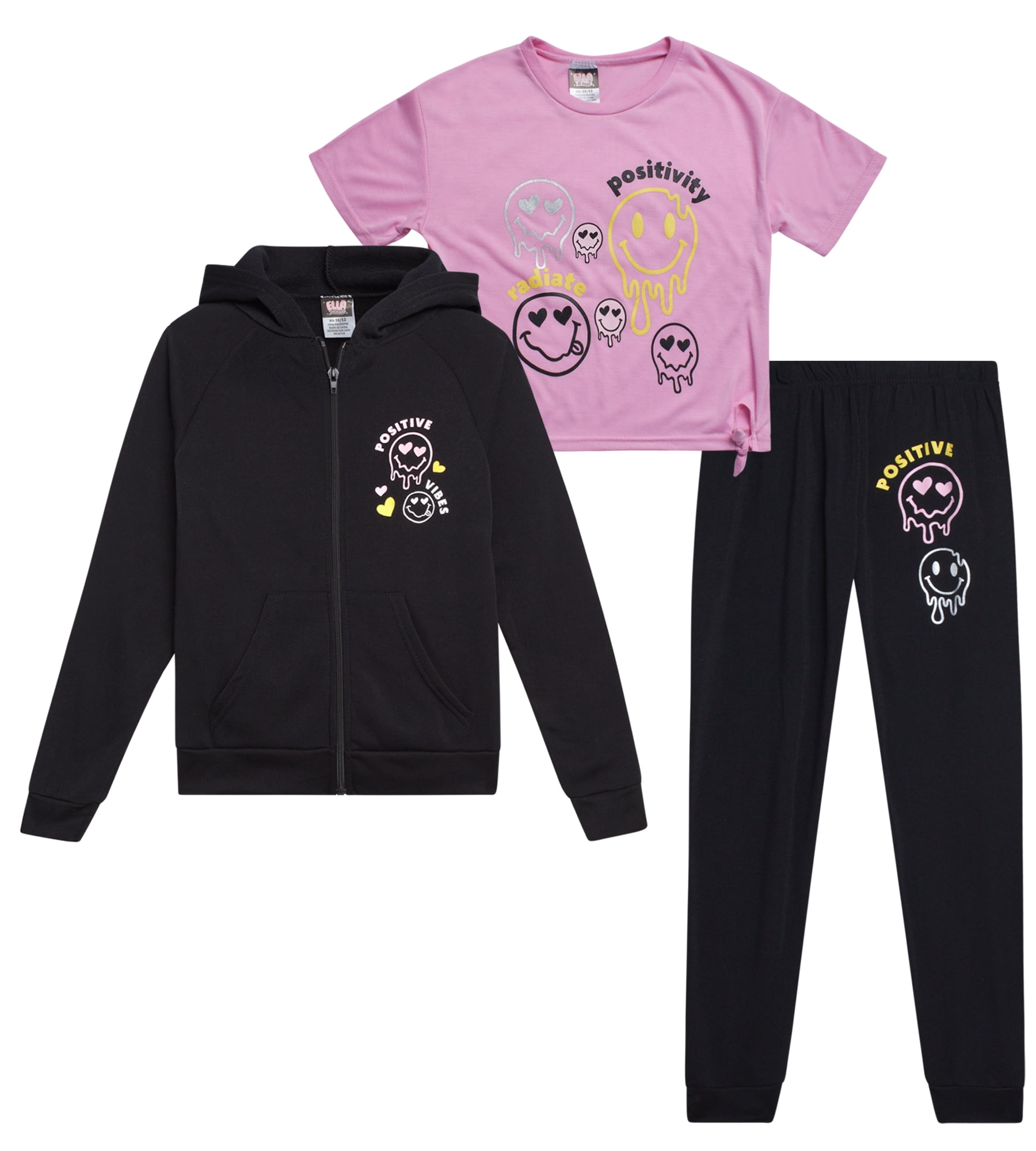 ELLA IN PINK Girls' Sweatsuit Set - 3 Piece Zip Up Hoodie, Graphic Tee ...