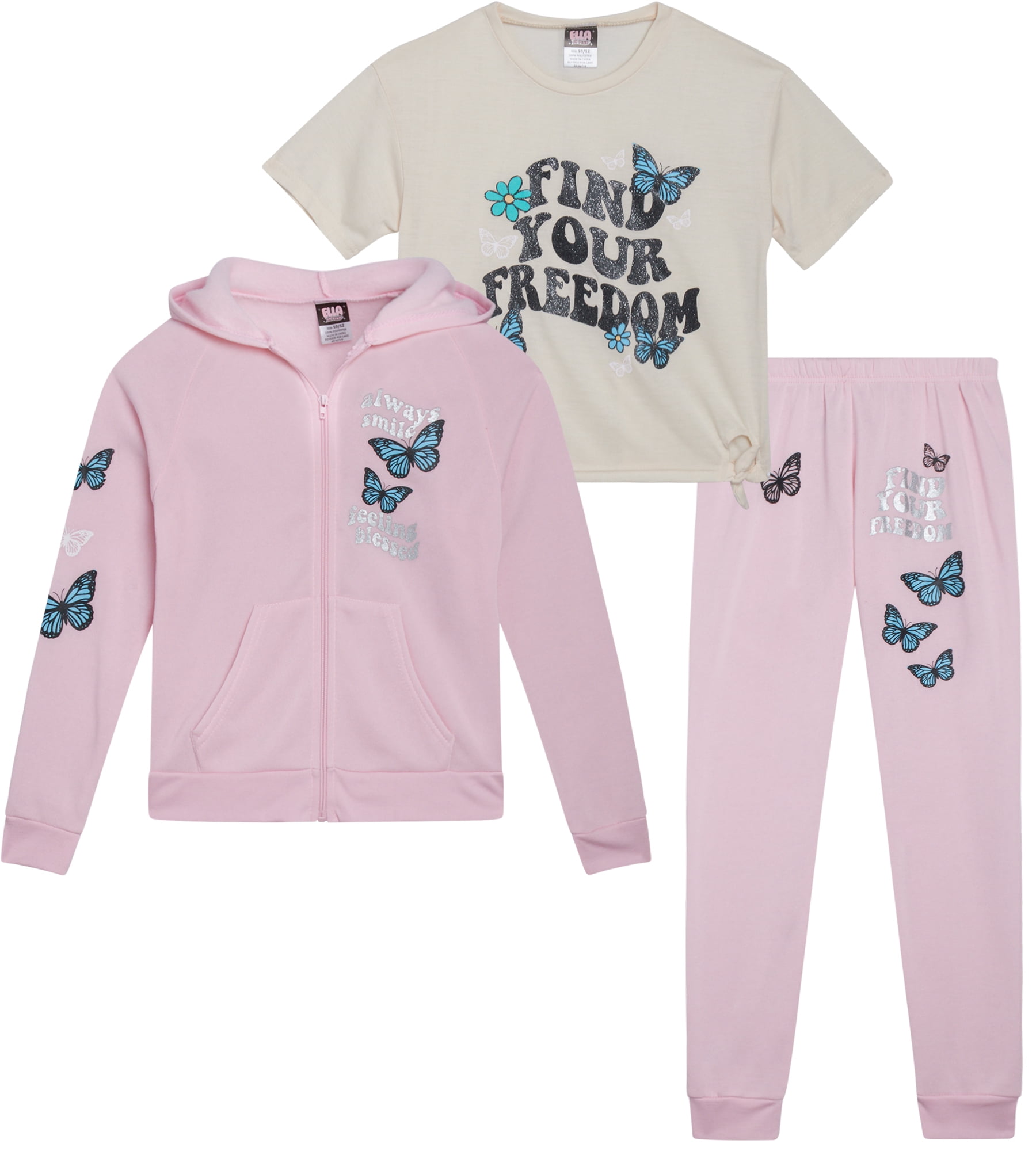 ELLA IN PINK Girls' Sweatsuit Set - 3 Piece Zip Up Hoodie, Graphic Tee ...