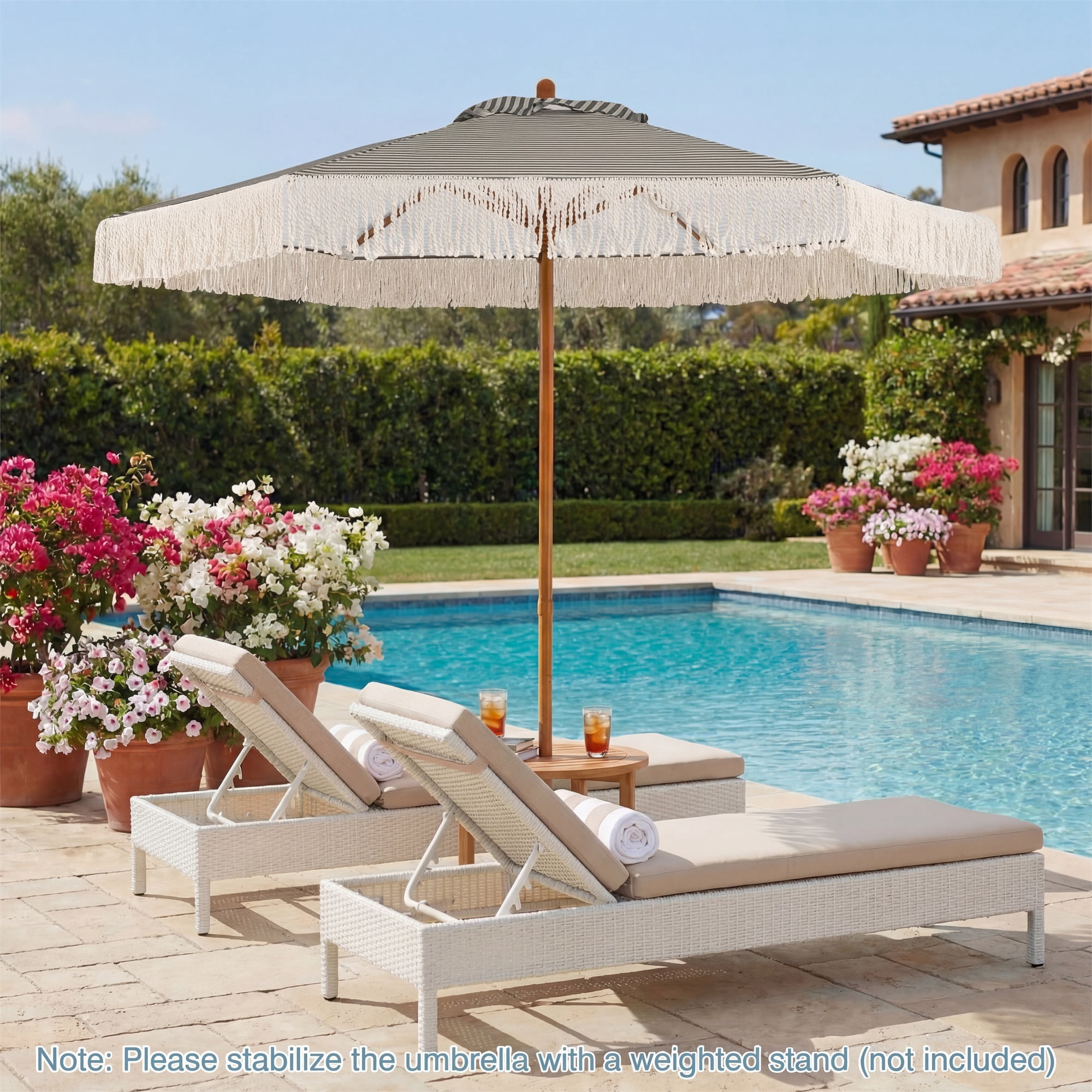 ELLEGNT 7FT Umbrella with Fringe – Sun-Protective Polyester Canopy ...
