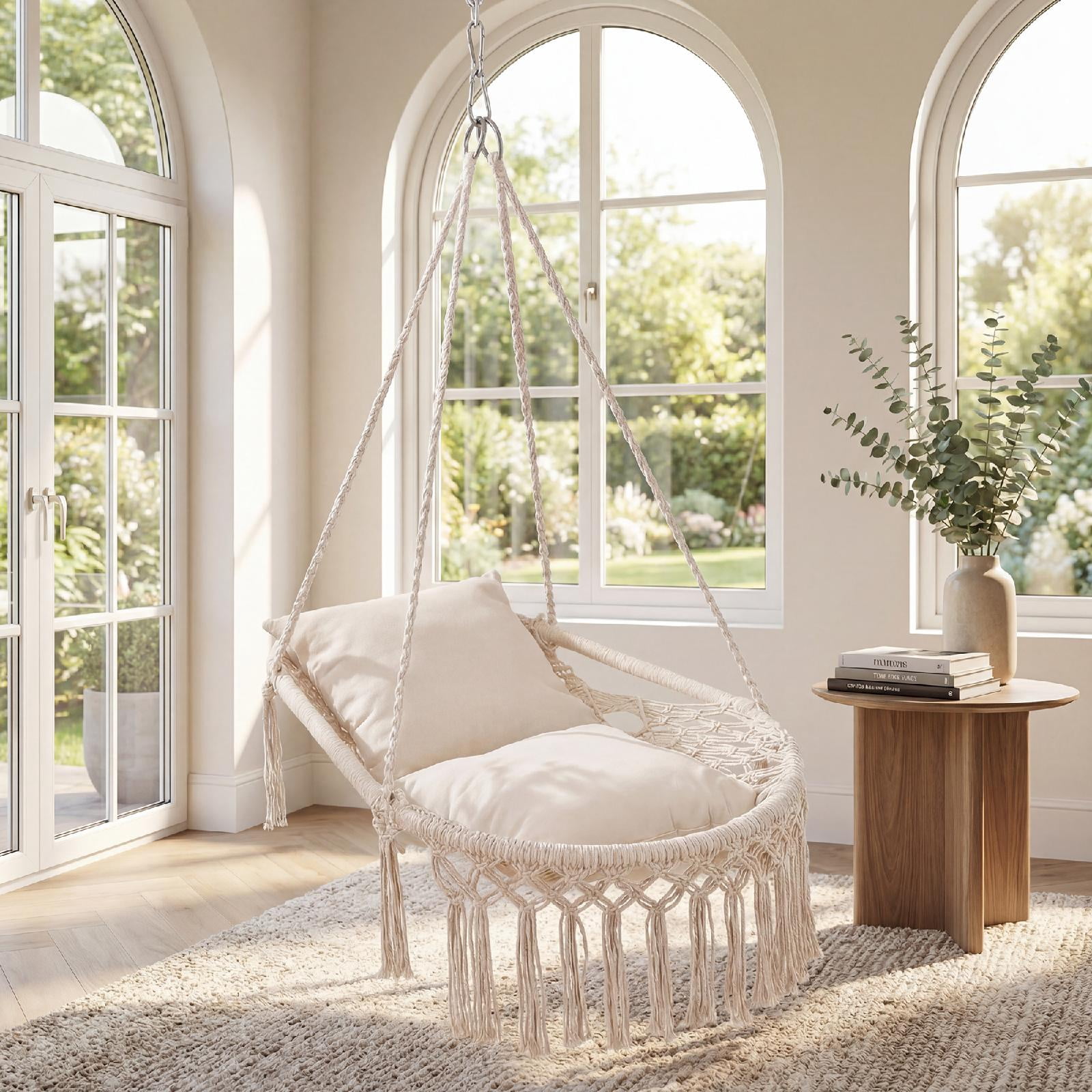 ELLEGNT Macrame Hanging Swing Chair – Includes 2 Removable Cushions ...