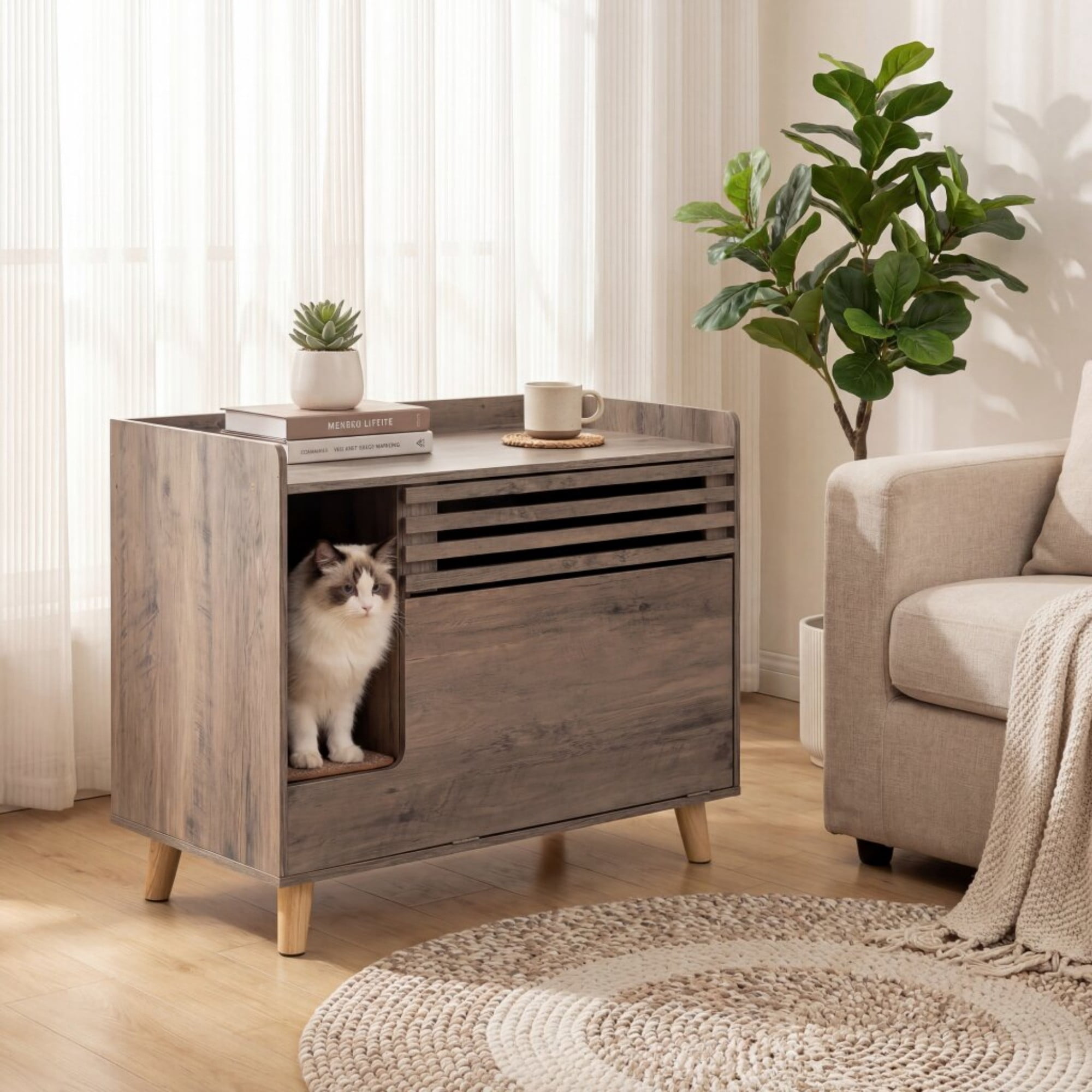 ELLEGNT Wood Cat Litter Box Cabinet – 31.5", Flip‑down Door, Scratching ...