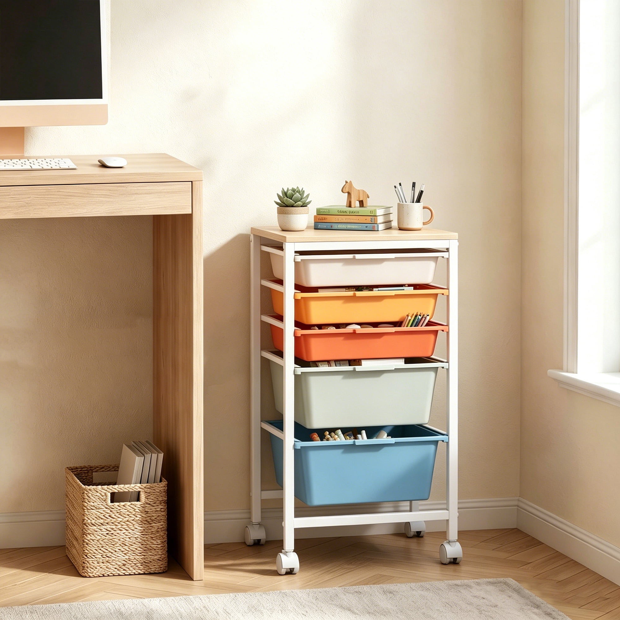 ELLEGNT Wooden Top Rolling Storage Cart – 5 Drawers, Lockable Casters ...