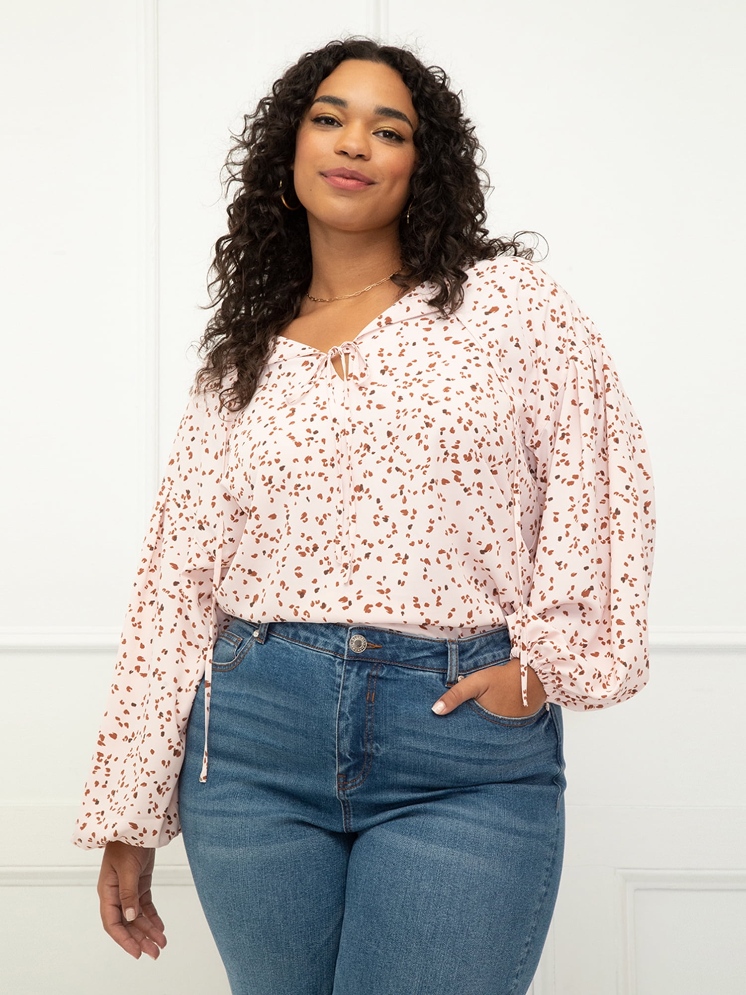 ELOQUII Elements Women's Plus Size Balloon Sleeve Blouse With Ties ...