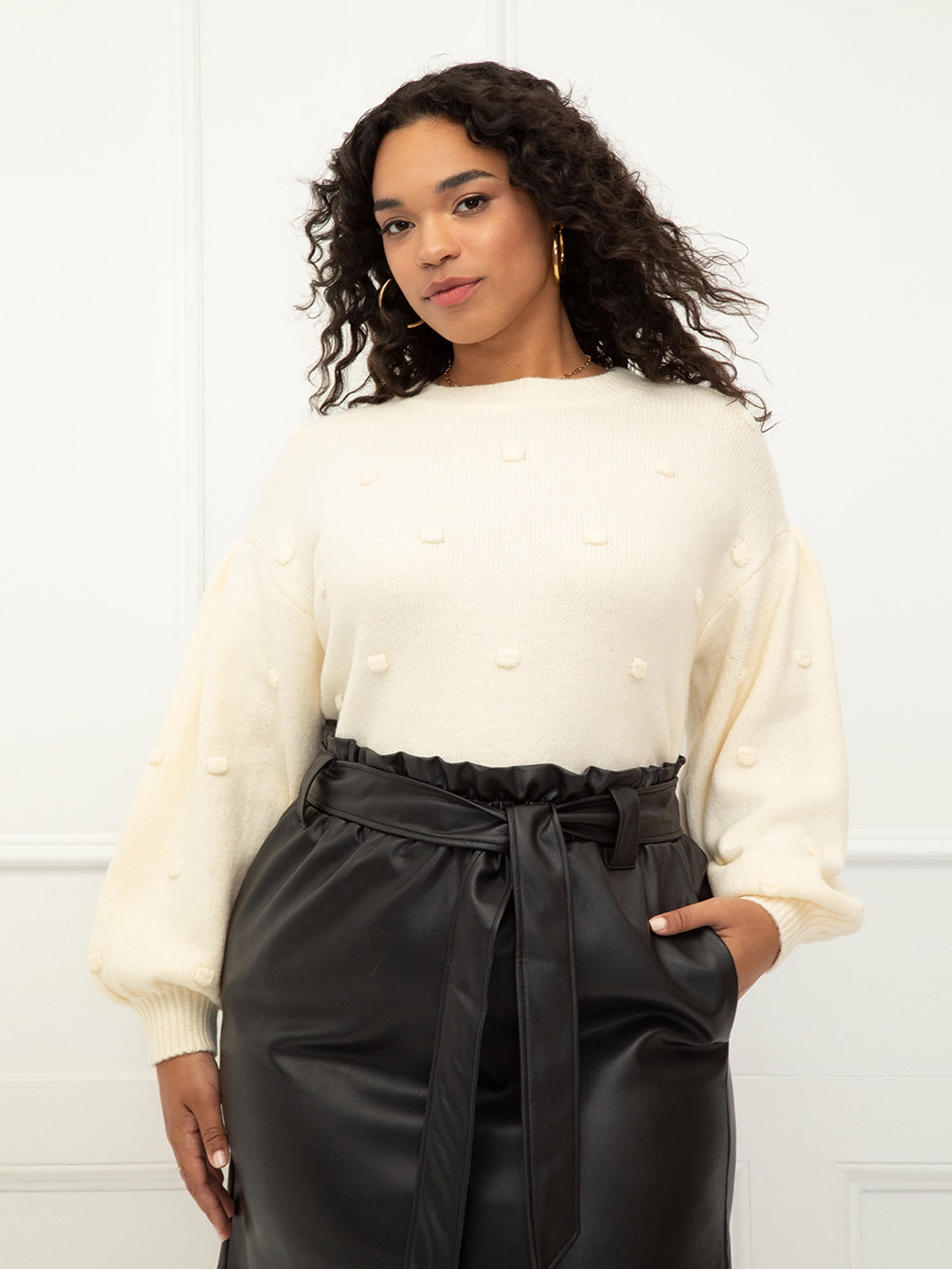 ELOQUII Elements Women's Plus Size Balloon Sleeve Bobble Sweater ...