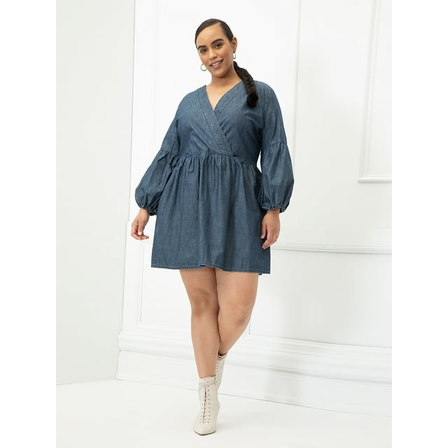 ELOQUII Elements Women's Plus Size Balloon Sleeve Chambray Dress ...