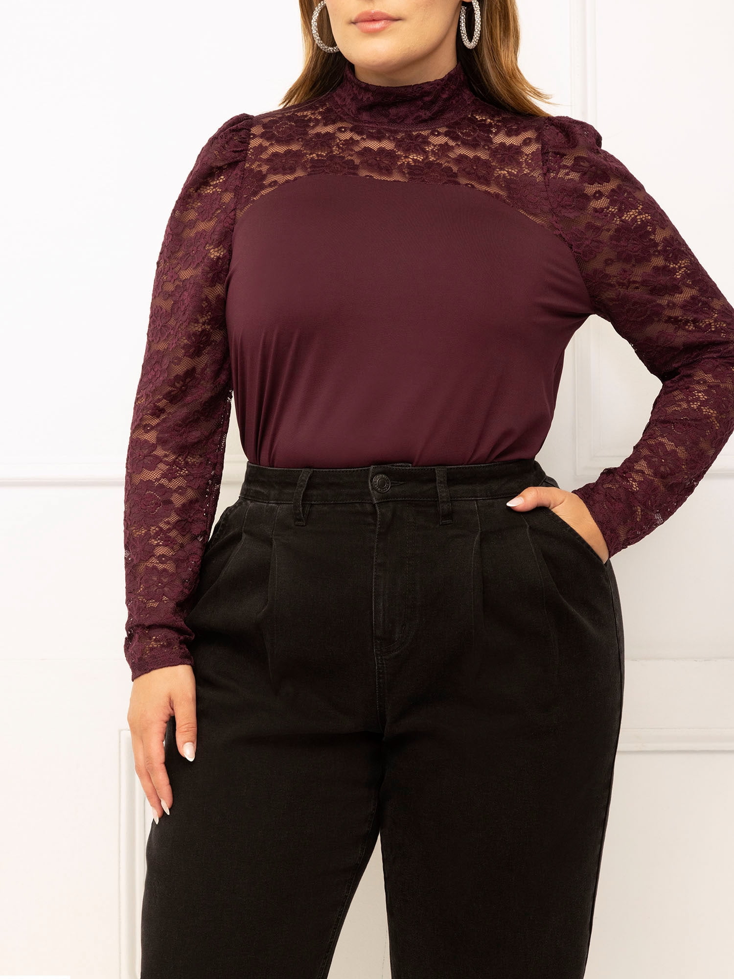 ELOQUII Elements Women's Plus Size Lace Top with Long Puff Sleeves ...