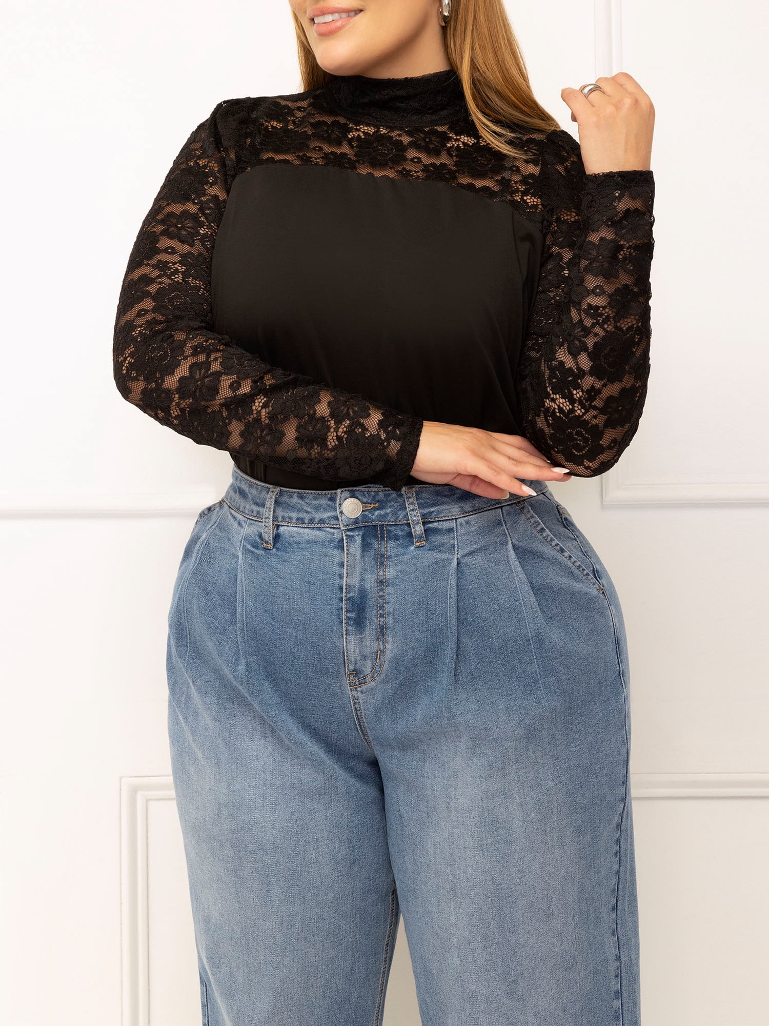 ELOQUII Elements Women's Plus Size Lace Top with Long Puff Sleeves ...