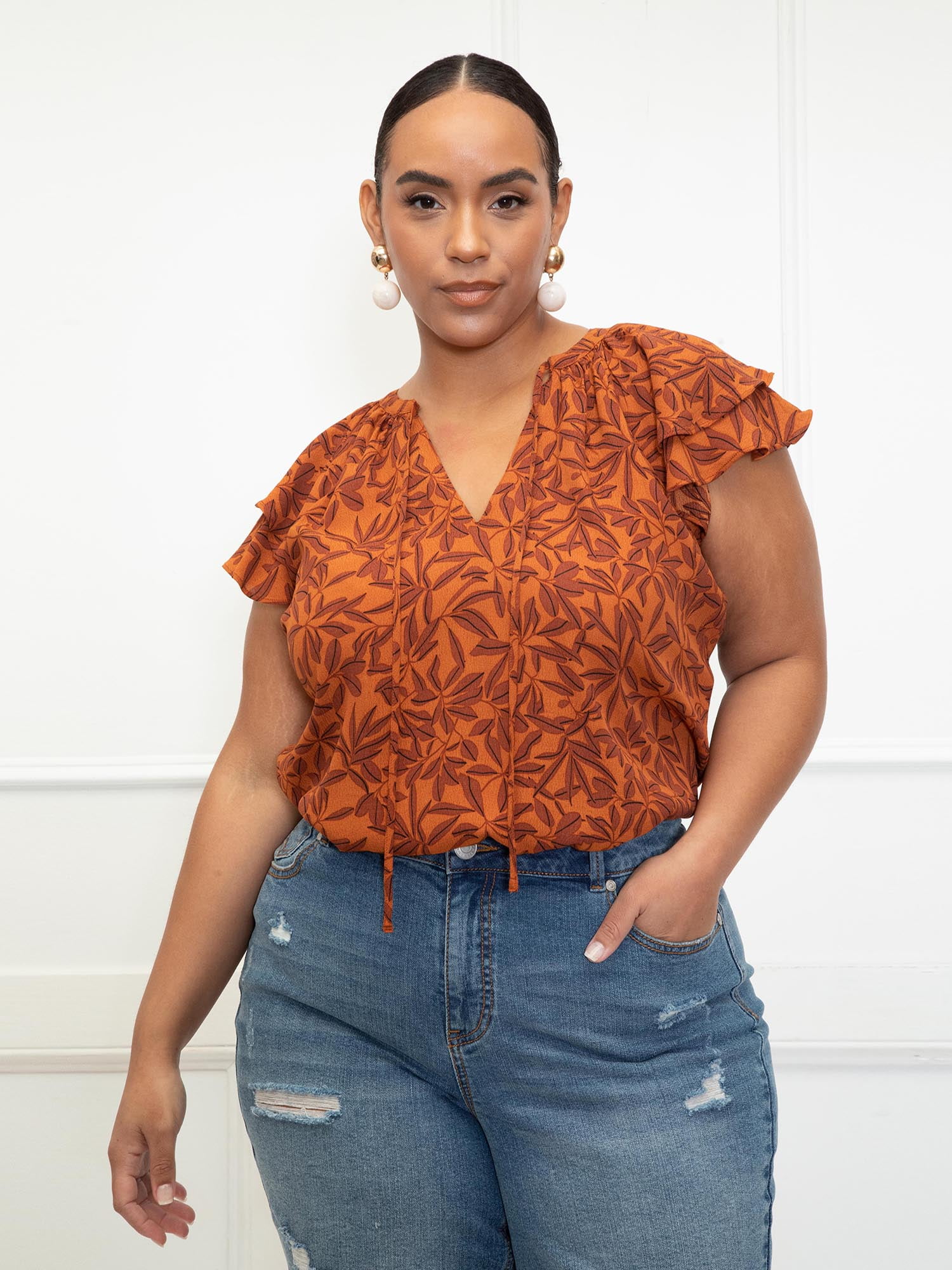 ELOQUII Elements Women's Plus Size Ruffle Sleeve Top - Walmart.com