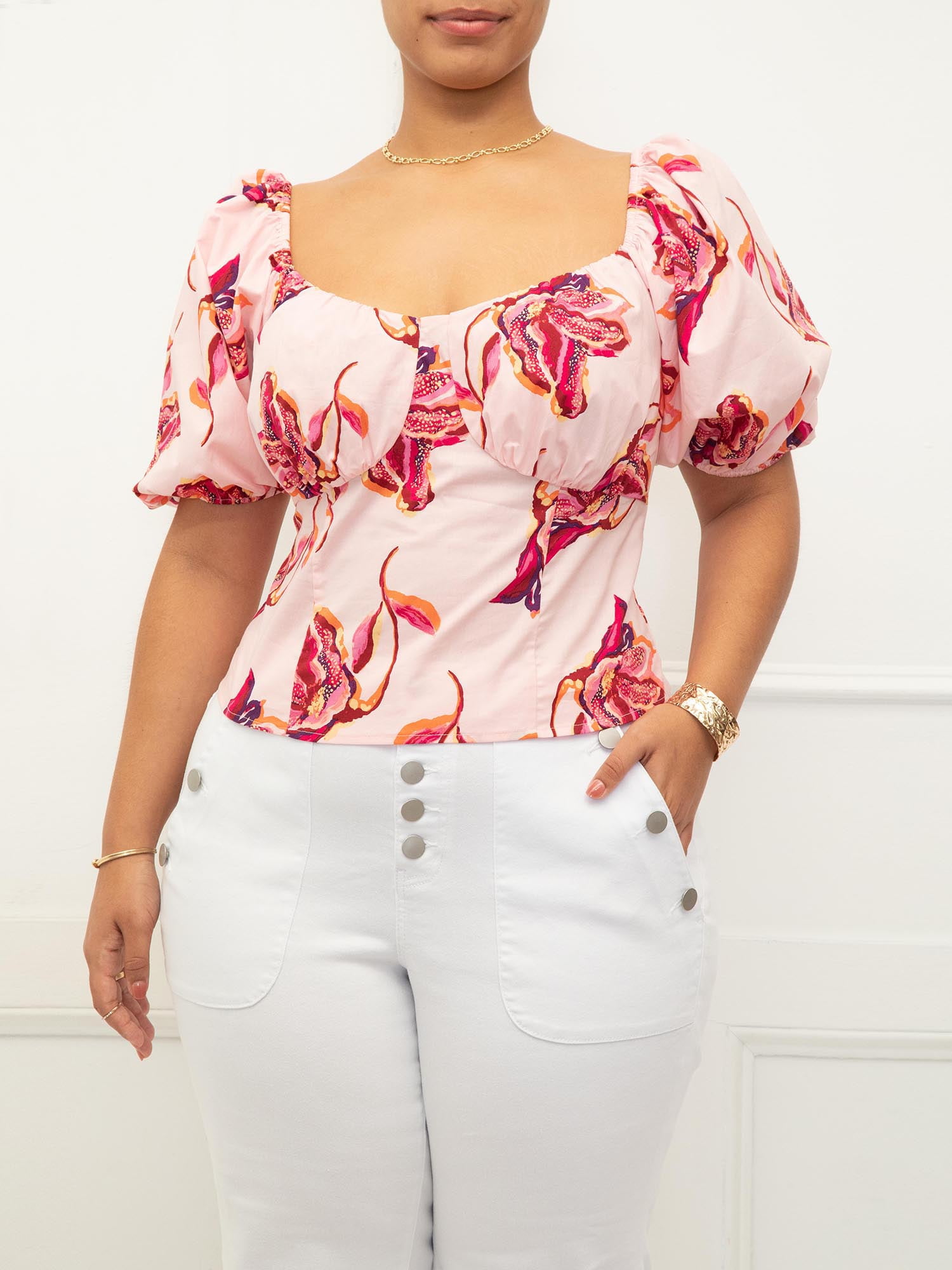 Eloquii Elements Womens Plus Size Smocked Top With Puff Sleeves