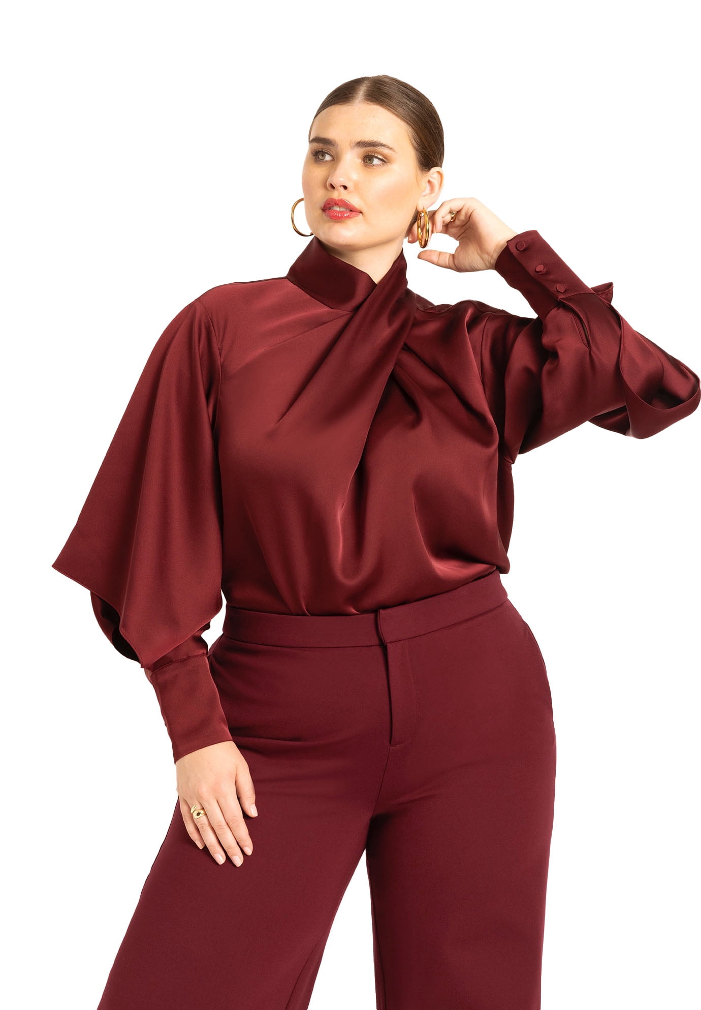 ELOQUII Women's Plus Size Draped Neck Satin Blouse - Walmart Business ...