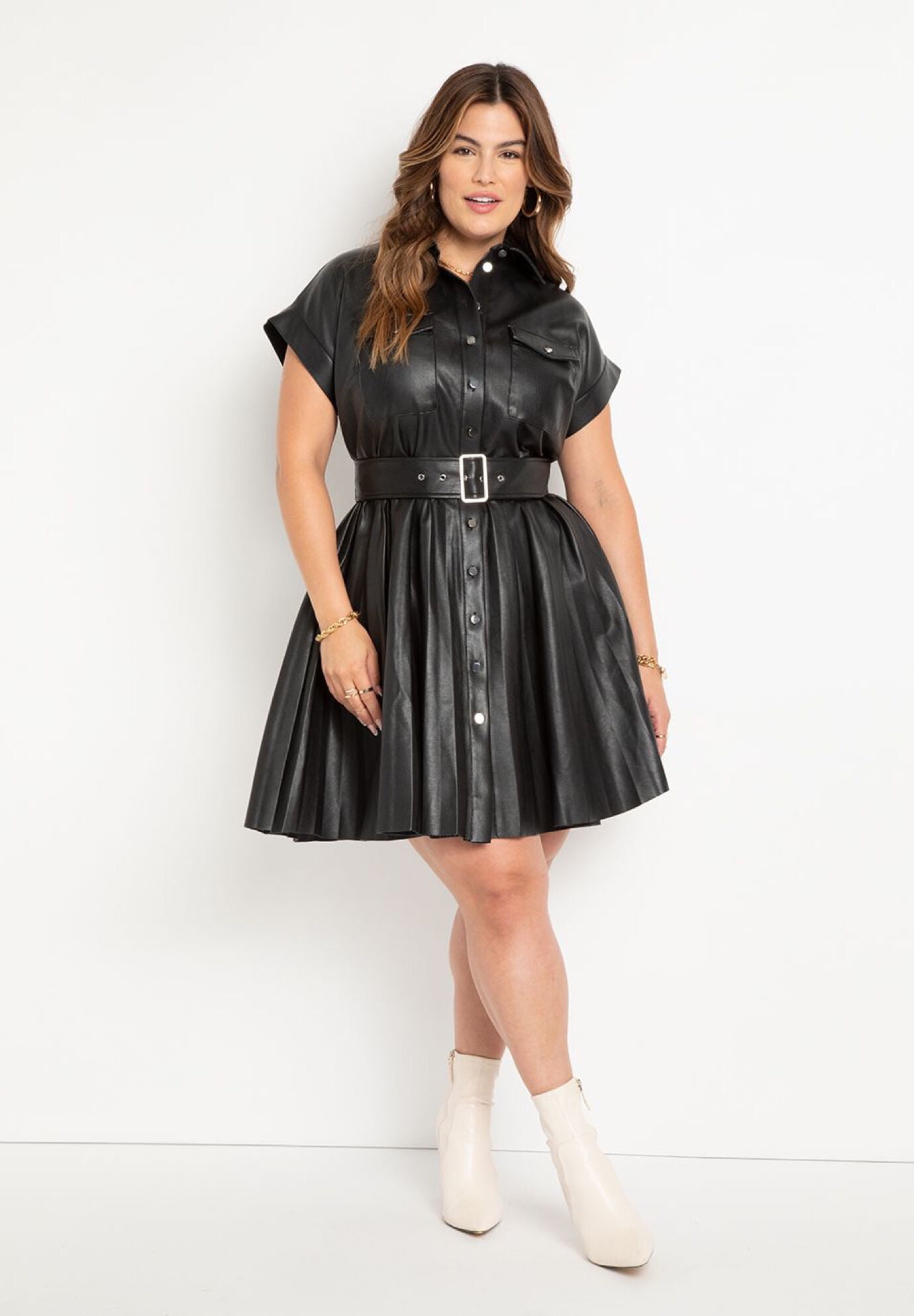 ELOQUII Women's Plus Size Faux Leather Dress With Pleated Skirt ...