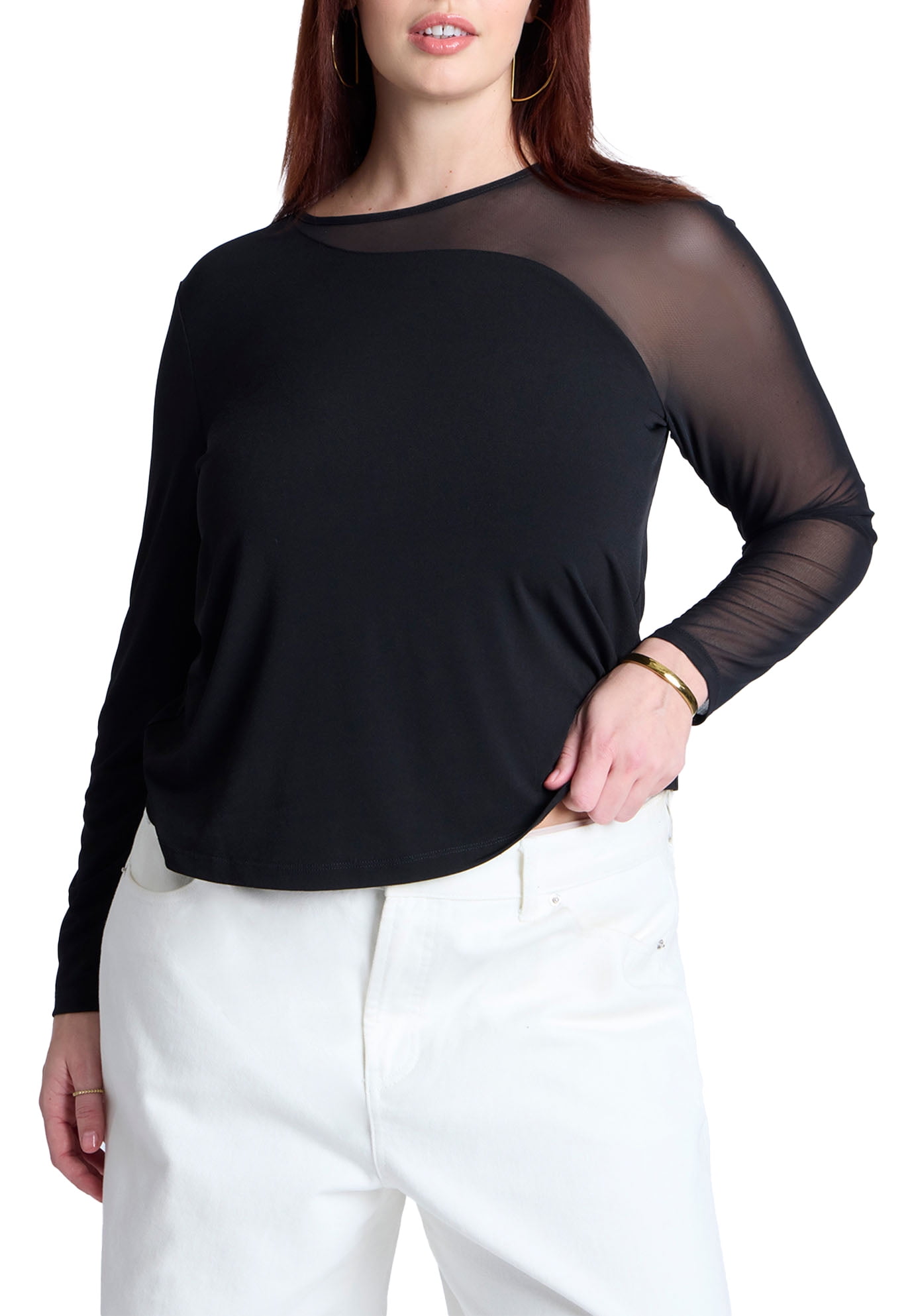 ELOQUII Women's Plus Size Mesh Combo Long Sleeve Top - Walmart.com