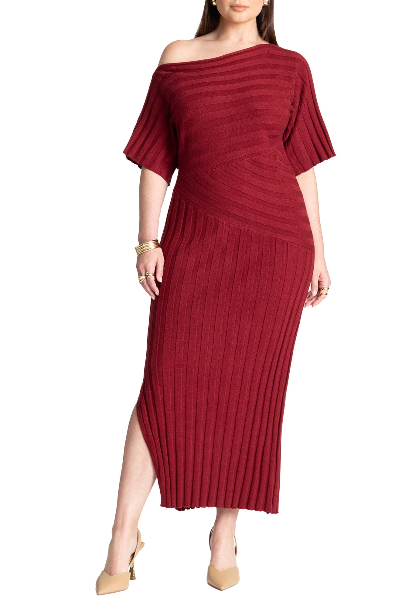 ELOQUII Women's Plus Size Mixed Directional Rib Midi Dress - Walmart.com