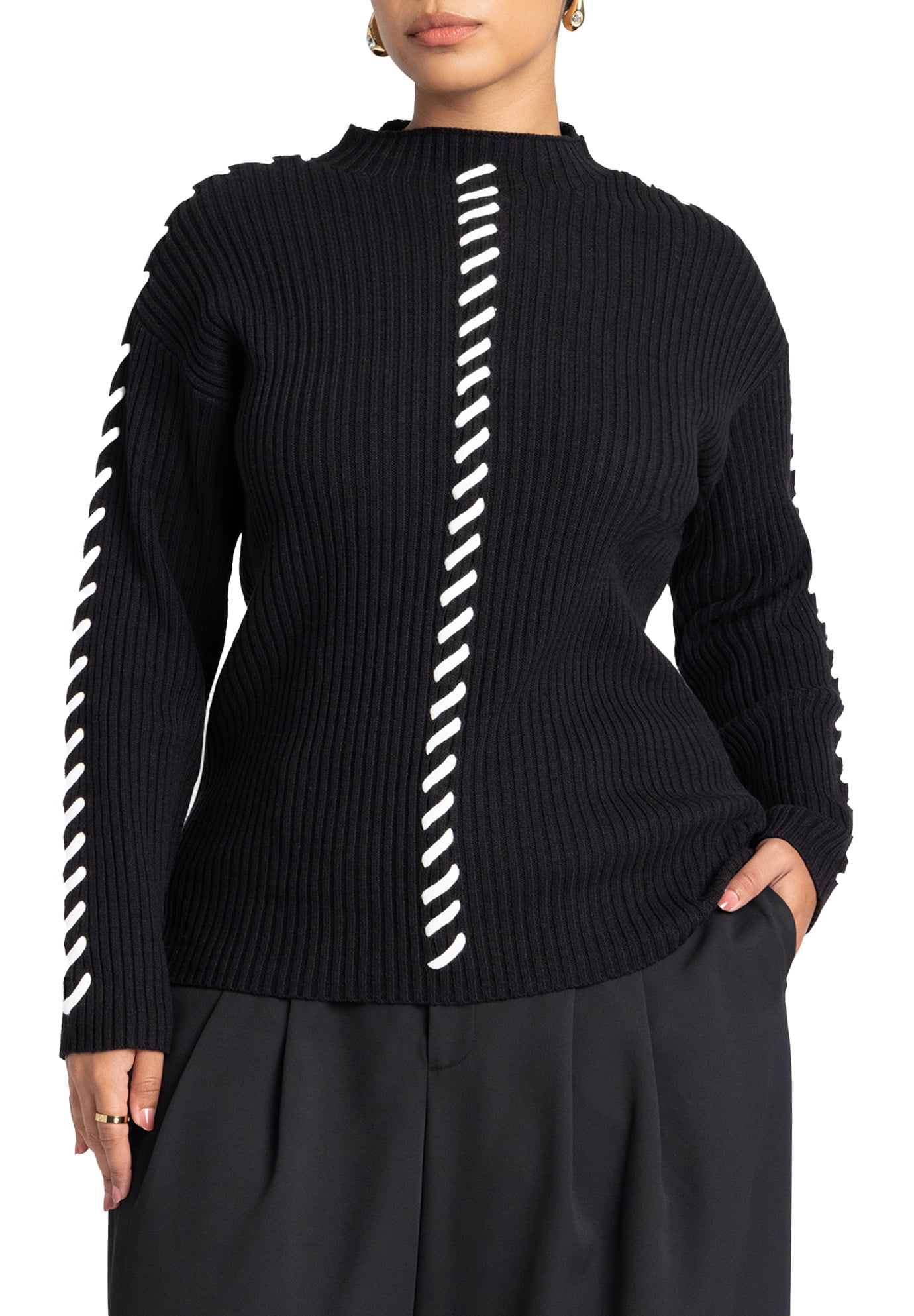 ELOQUII Women's Plus Size Stitch Detail Sweater - Walmart.com