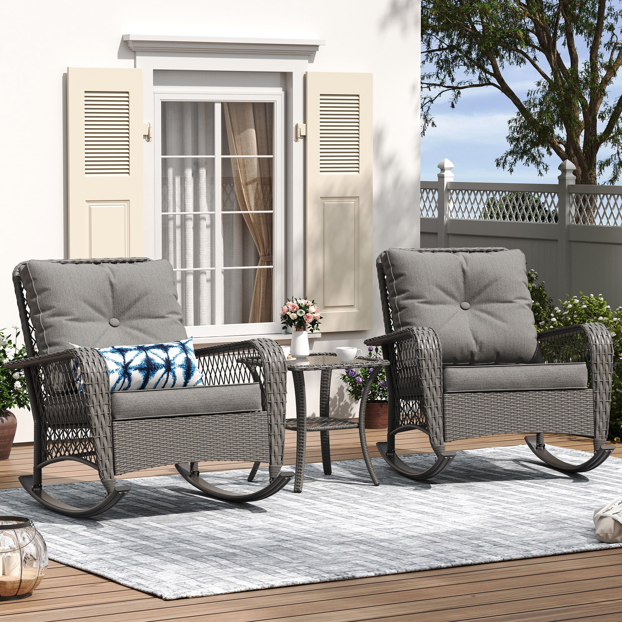 ELPOSUN 3-Piece Rattan Rocking Chairs Set, Wicker Patio Furniture with ...