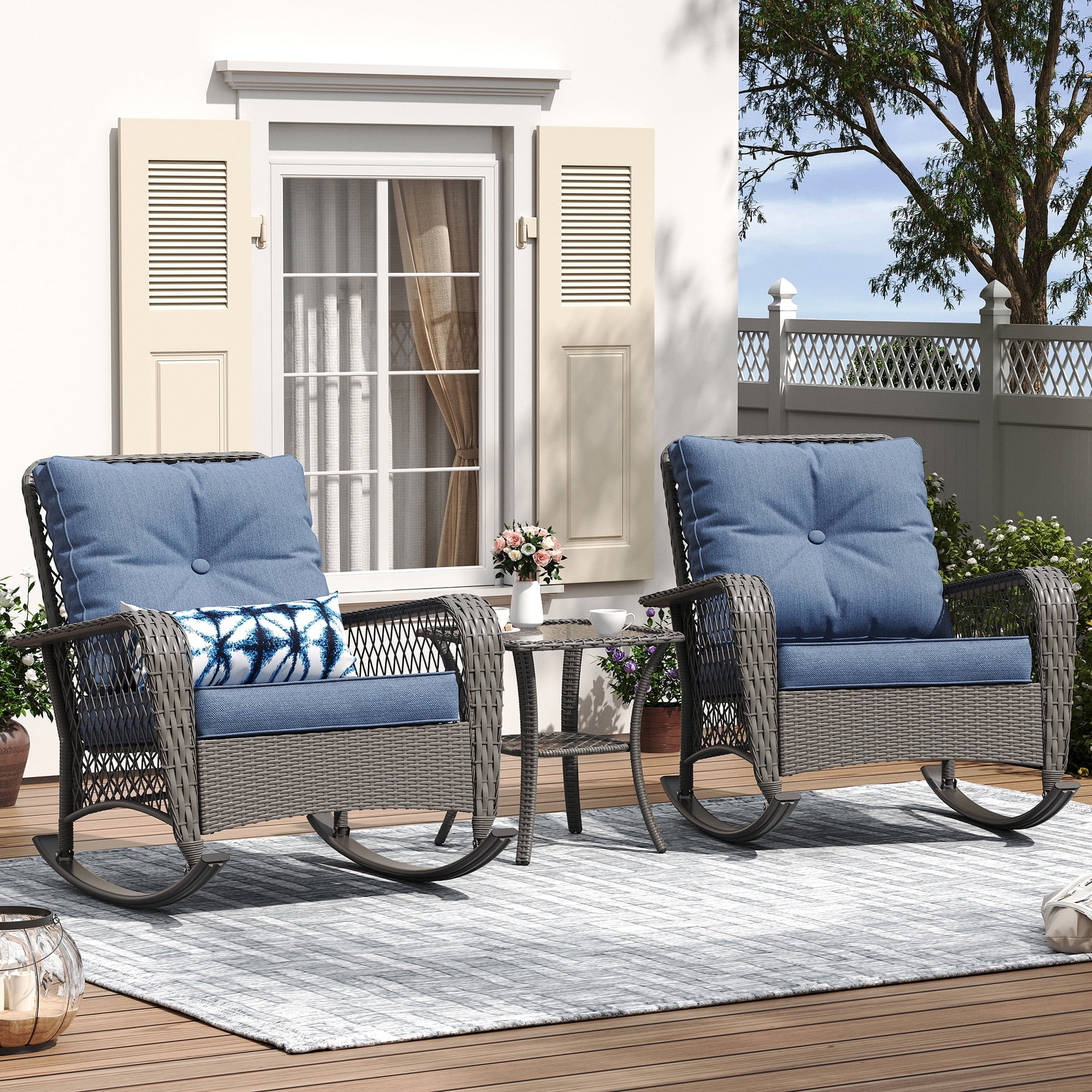 ELPOSUN 3-Piece Rocking Patio Set, Wicker Furniture with Thickened ...